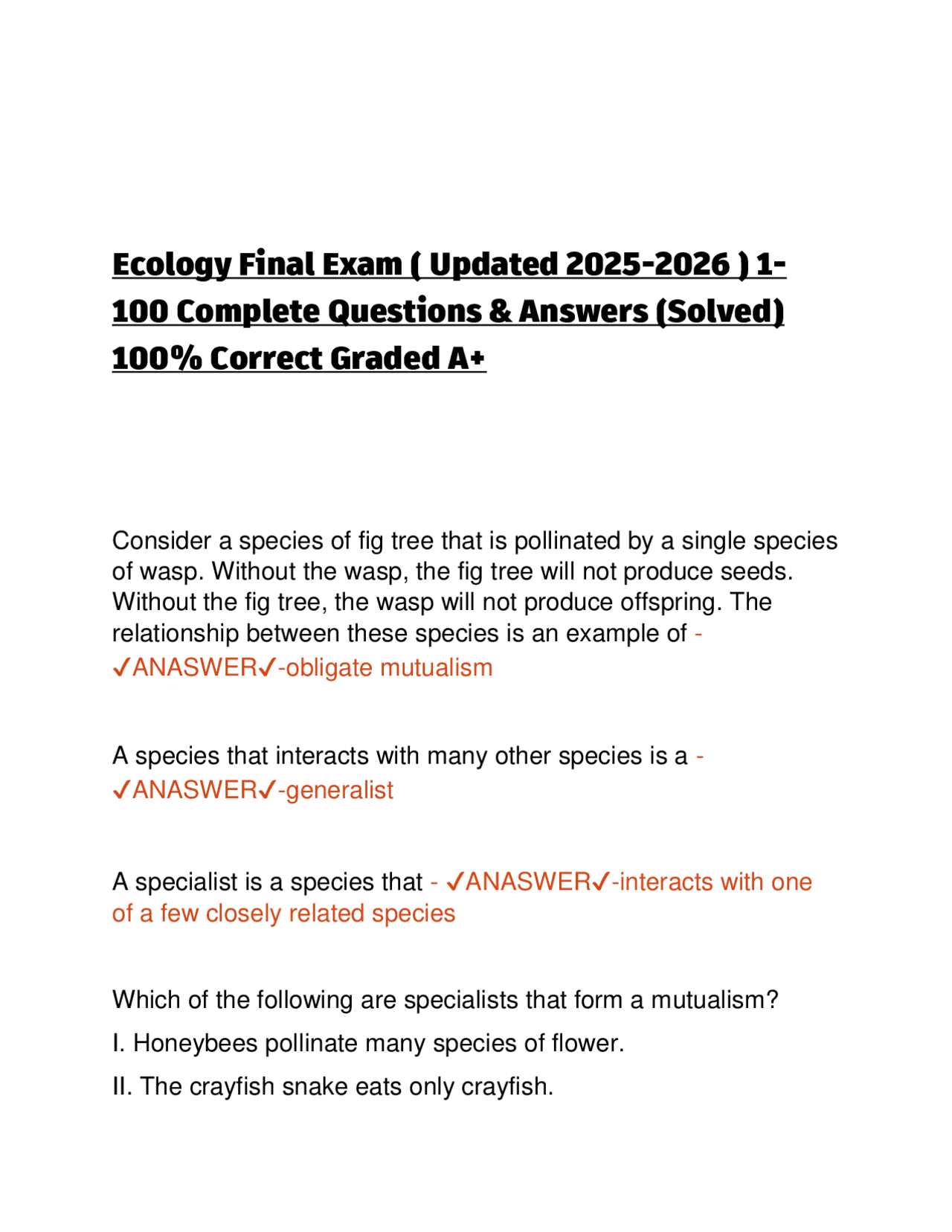 Ecology Final Exam ( Updated - ) Complete Questions & Answers (Solved ...