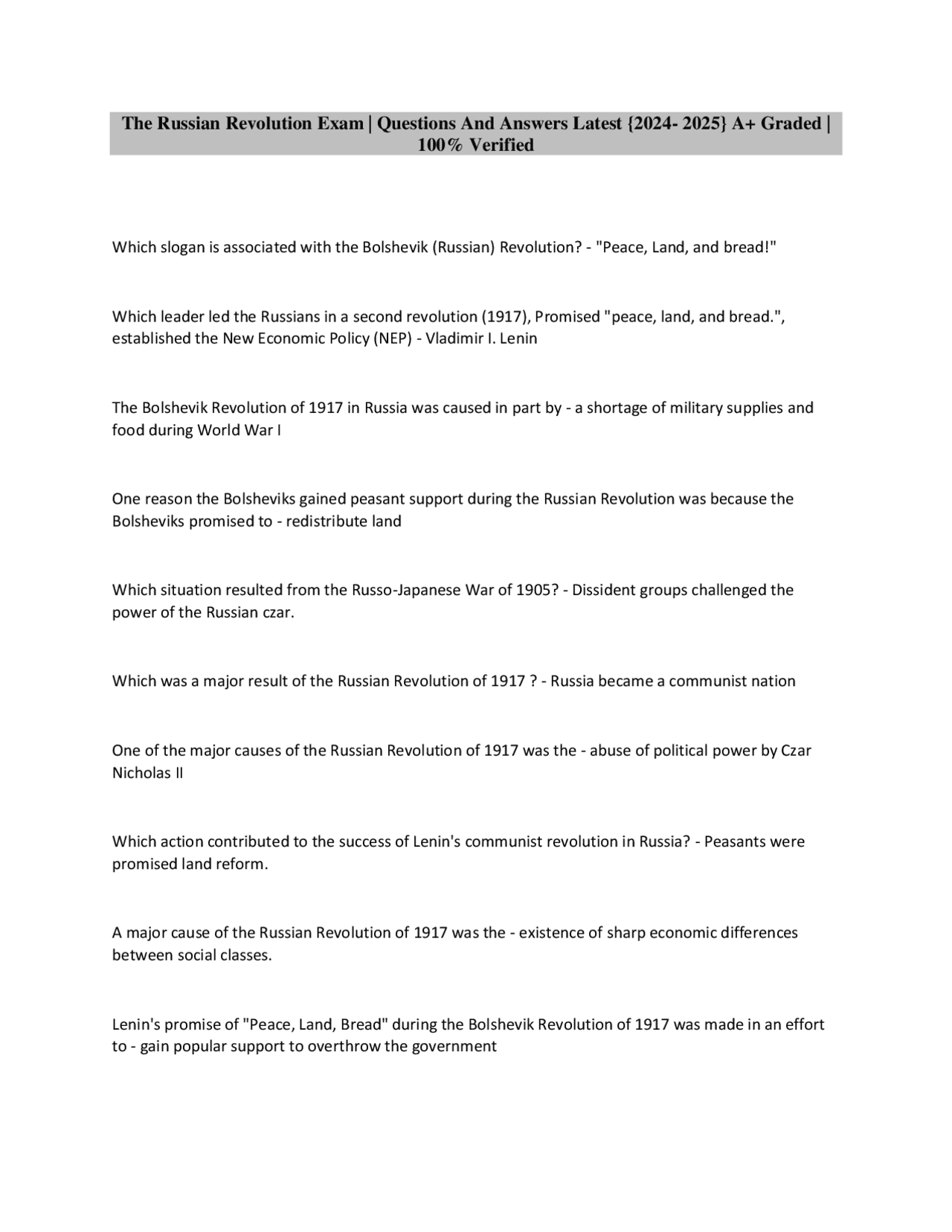 The Russian Revolution Exam | Questions And Answers Latest { - } A+ ...