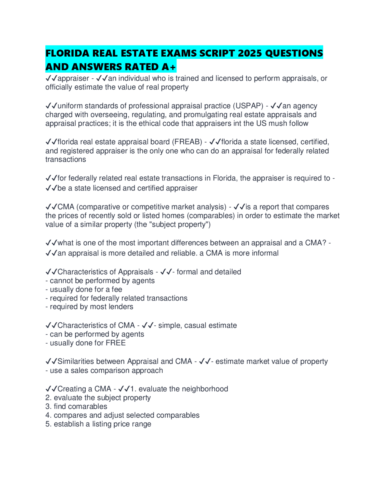 FLORIDA REAL ESTATE EXAMS SCRIPT QUESTIONS AND ANSWERS RATED A+ | Exams ...