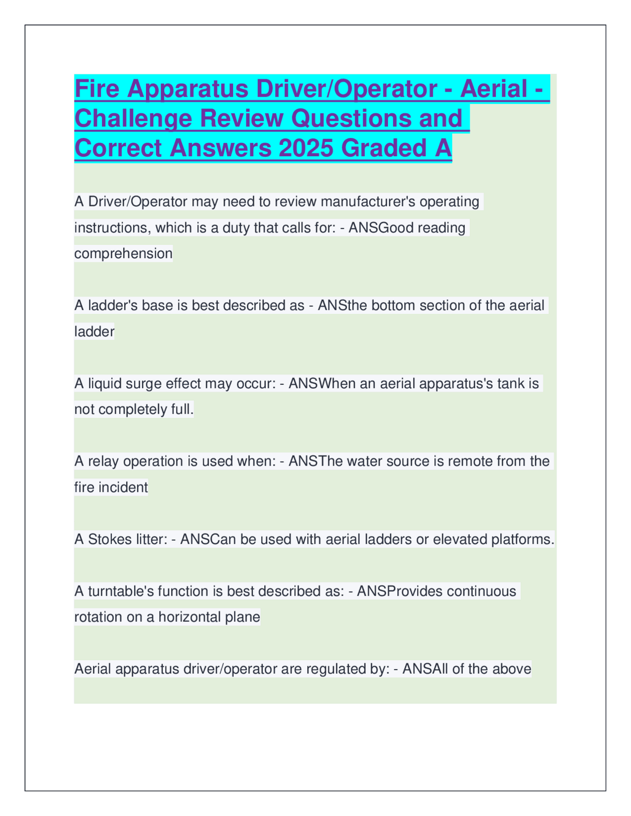Fire Apparatus Driver/Operator - Aerial - Challenge Review Q & A ...