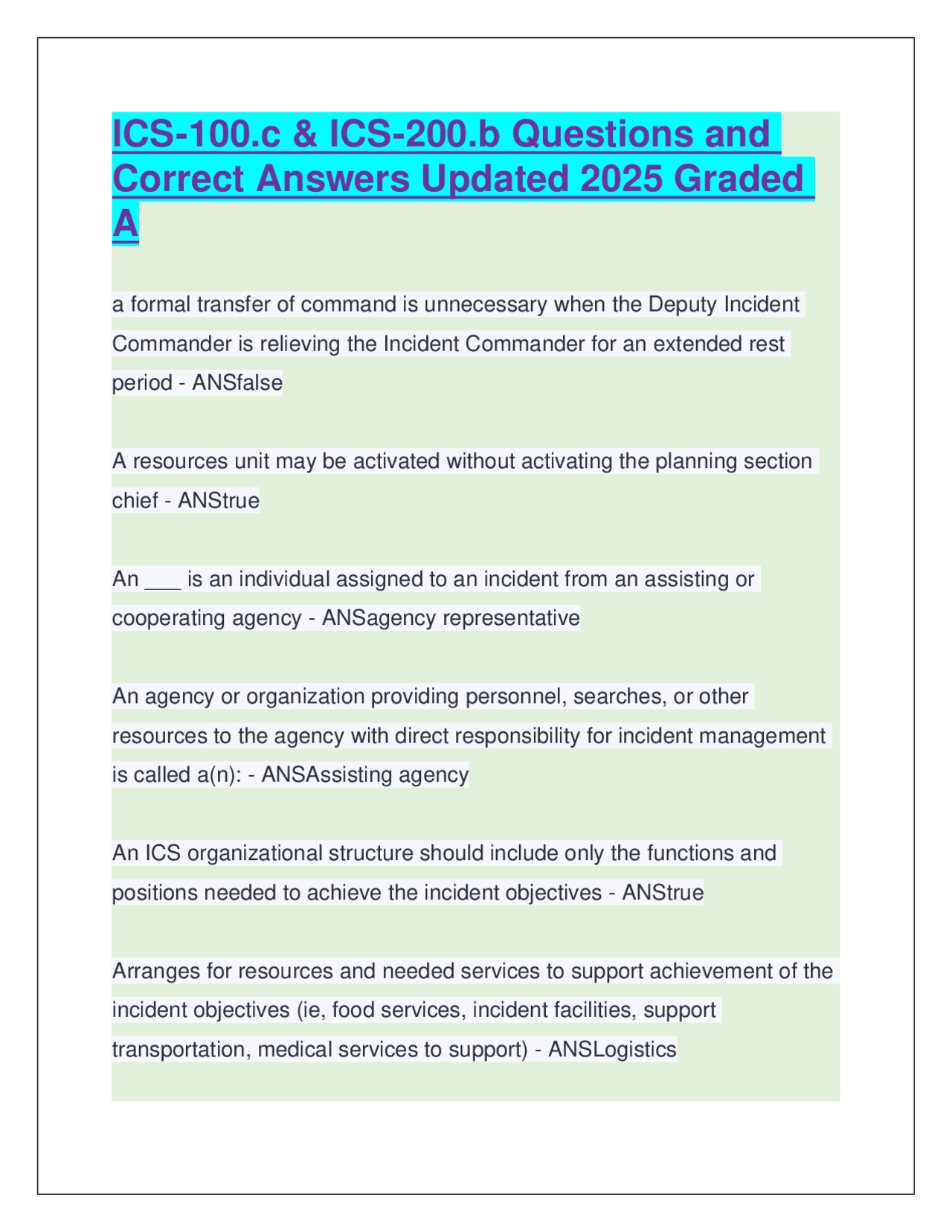 ICS- .c & ICS- .b Questions and Answers Updated Graded A | Exams ...