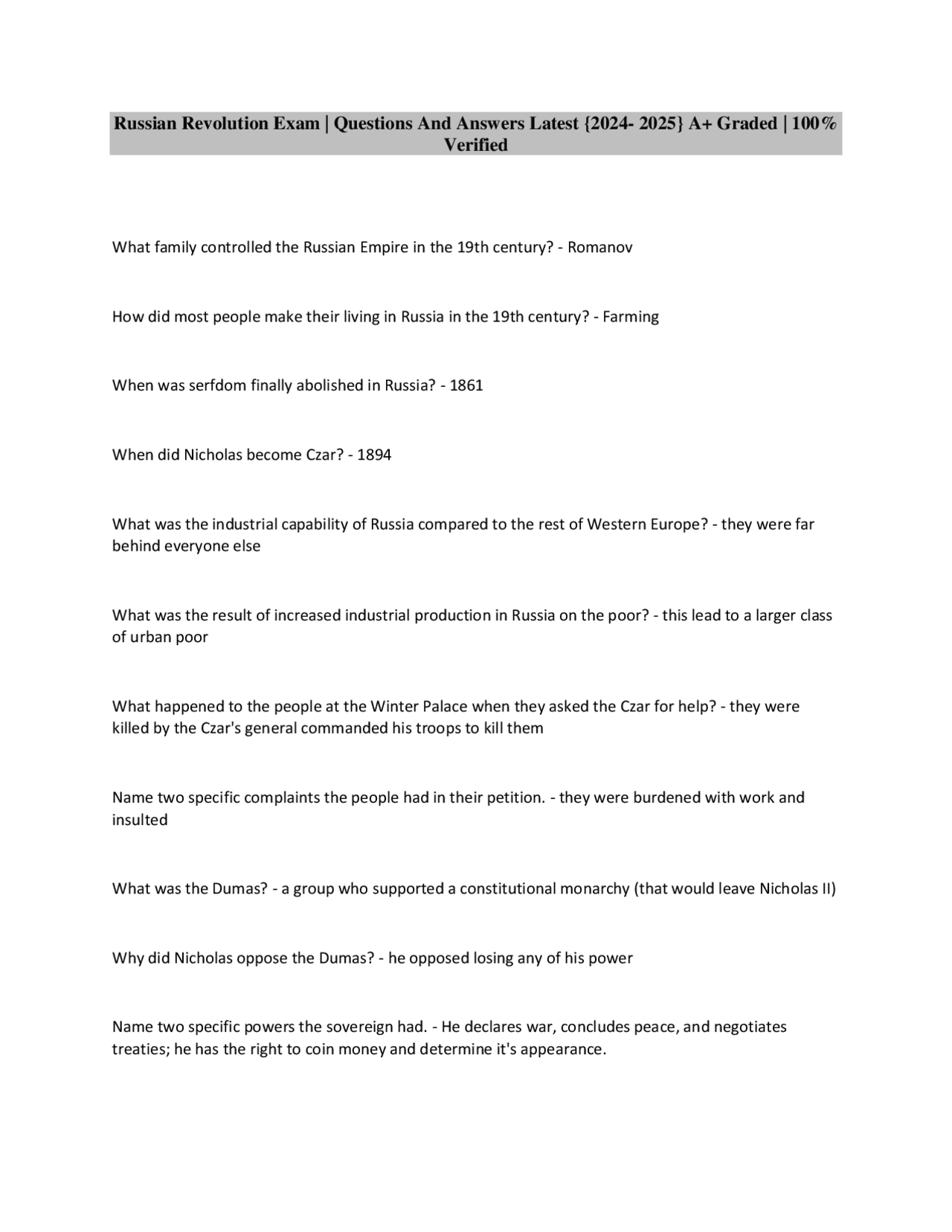 Russian Revolution Exam | Questions And Answers Latest { - } A+ Graded ...