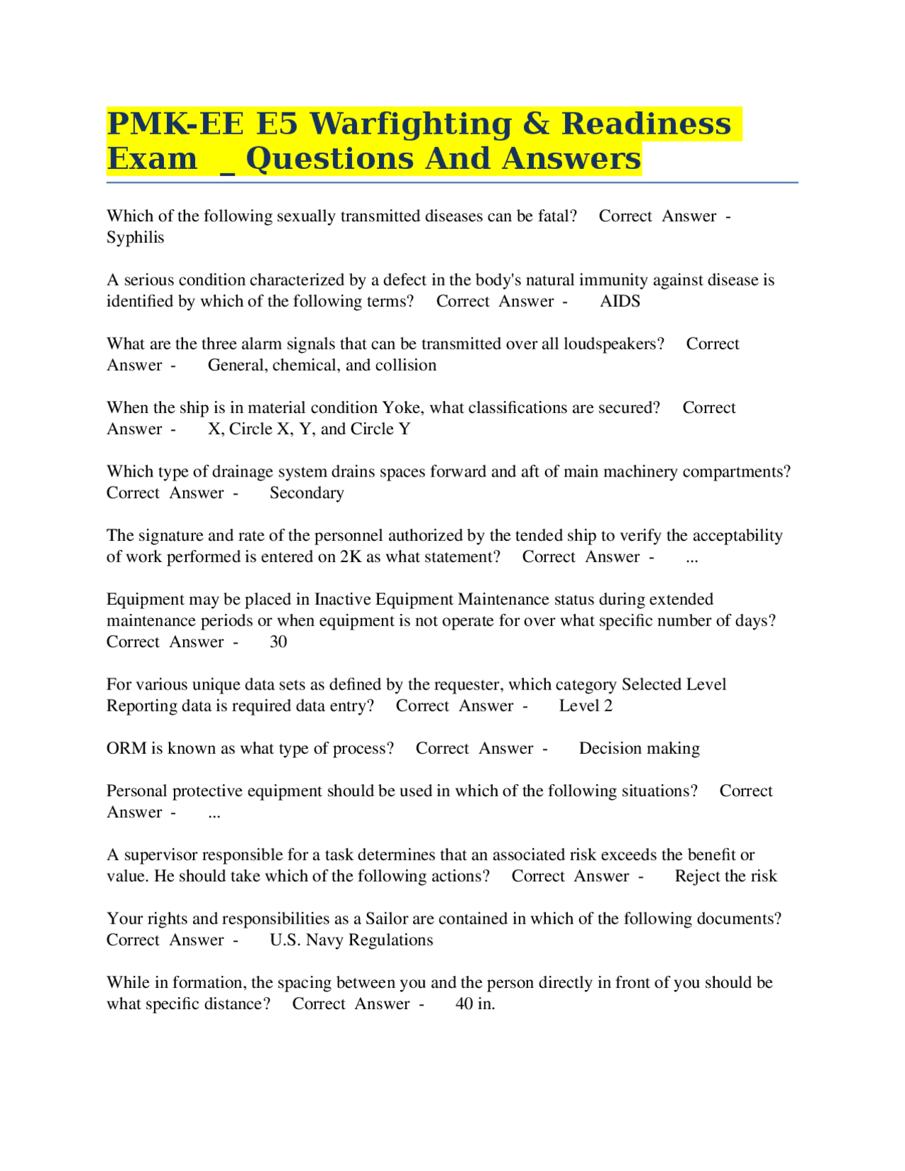 PMK-EE E Warfighting & Readiness Exam _ Questions And Answers | Exams ...