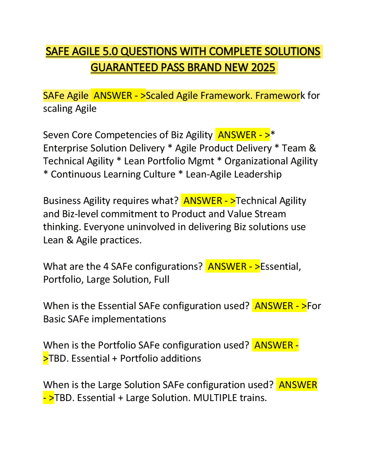 SAFE AGILE . QUESTIONS WITH COMPLETE SOLUTIONS GUARANTEED PASS BRAND ...