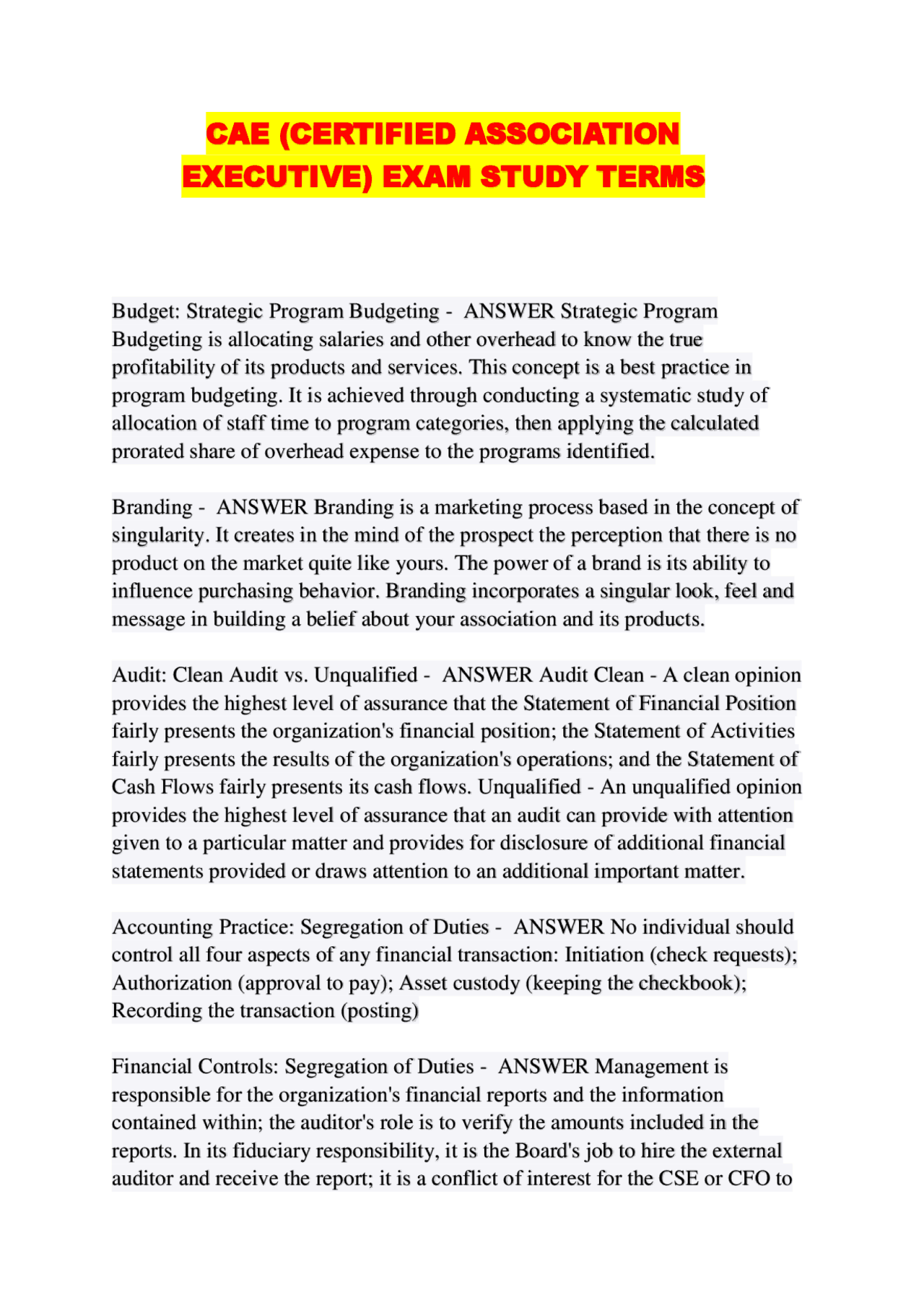 CAE (CERTIFIED ASSOCIATION EXECUTIVE) EXAM STUDY TERMS | Exams Business ...