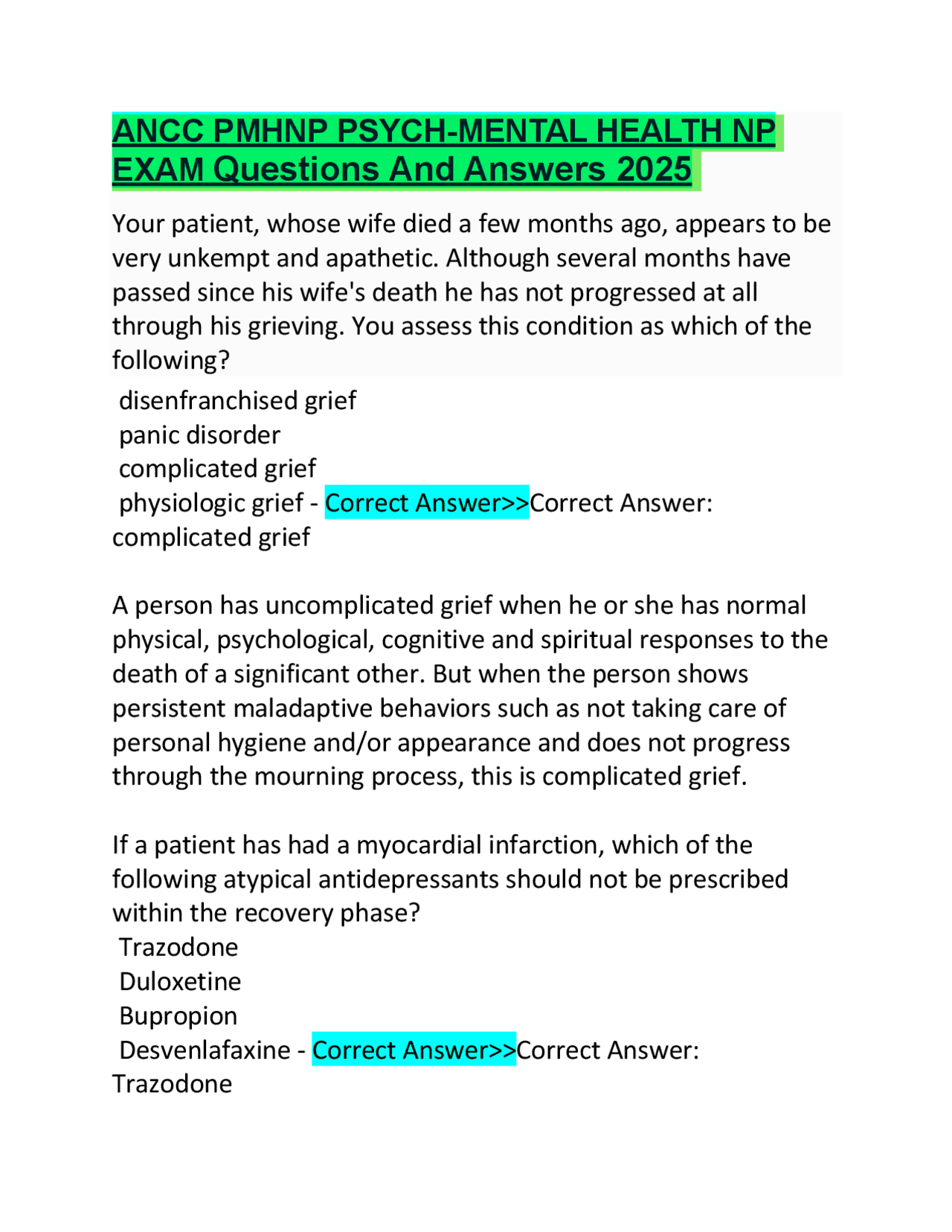 ANCC PMHNP PSYCH-MENTAL HEALTH NP EXAM Questions And Answers | Exams ...