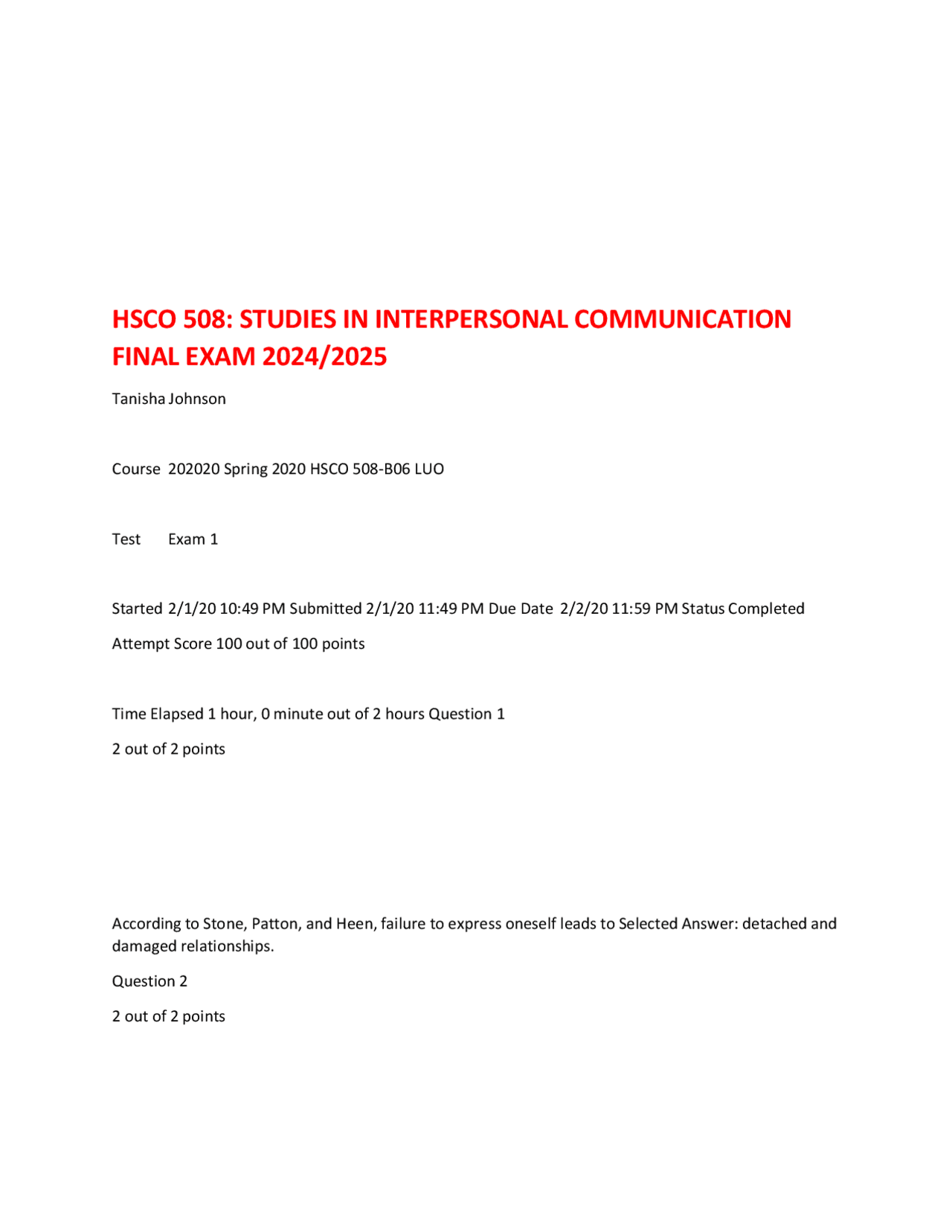 HSCO : STUDIES IN INTERPERSONAL COMMUNICATION FINAL EXAM / | Exams ...