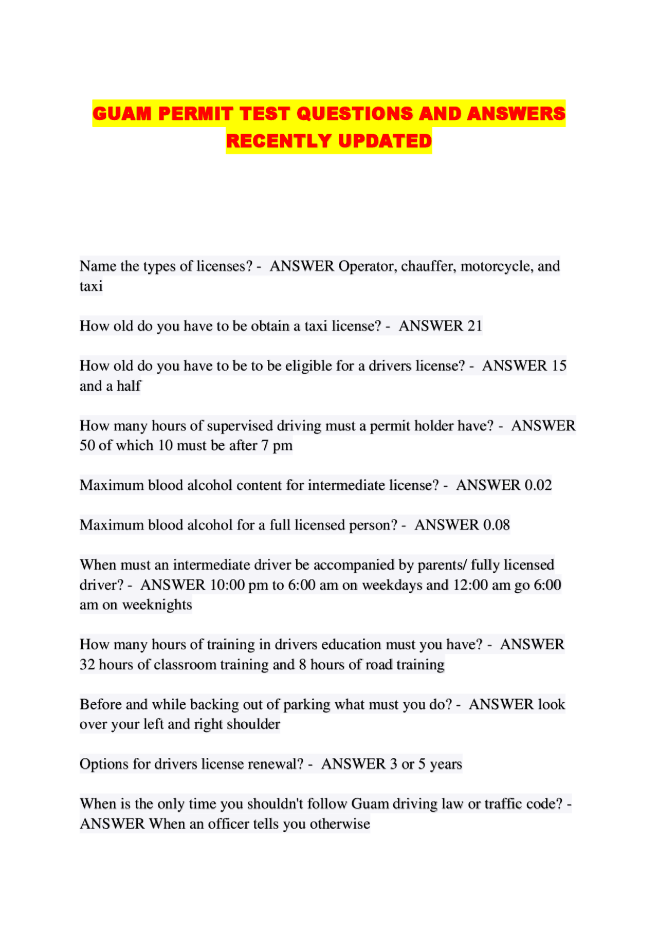 GUAM PERMIT TEST QUESTIONS AND ANSWERS RECENTLY UPDATED | Exams ...