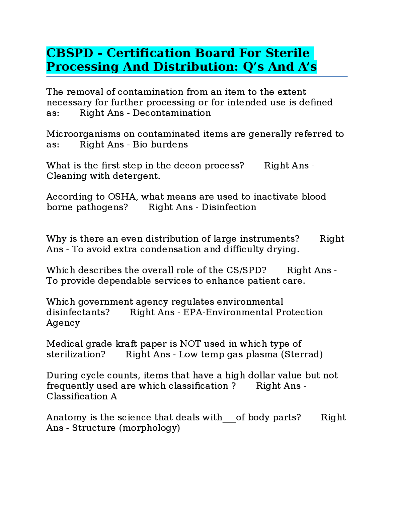 CBSPD - Certification Board For Sterile Processing And Distribution: Q ...