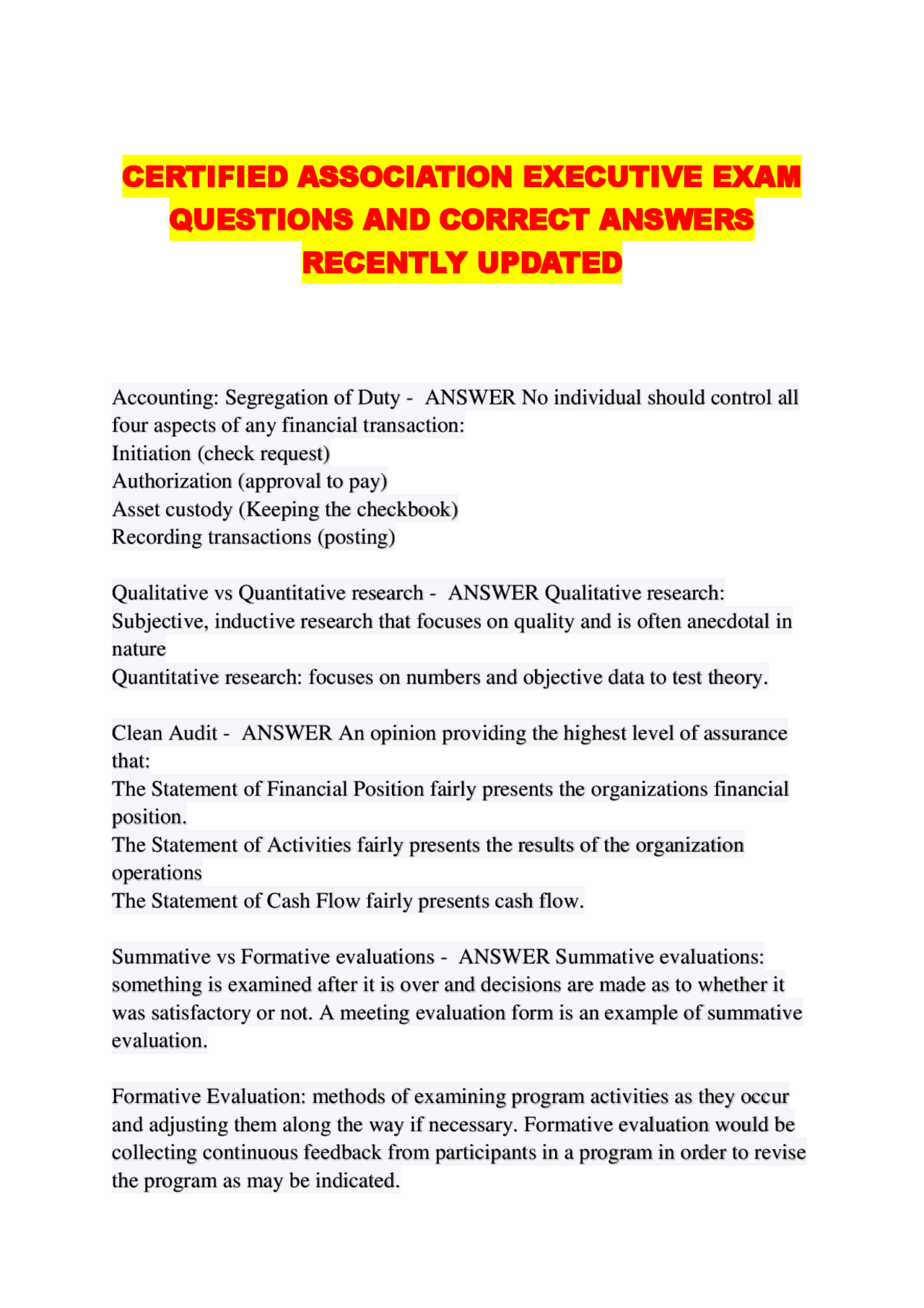 CERTIFIED ASSOCIATION EXECUTIVE EXAM QUESTIONS AND CORRECT ANSWERS ...