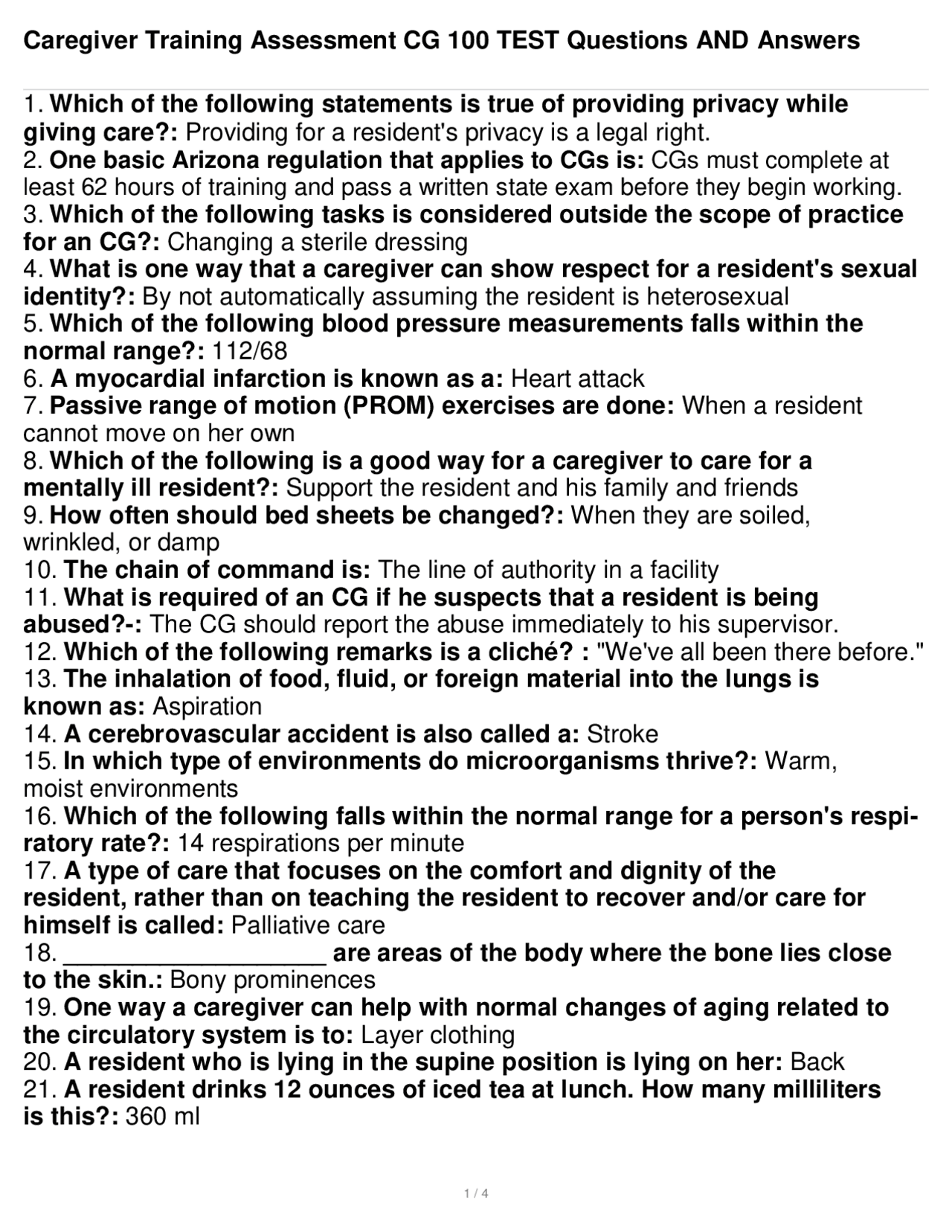 Caregiver Training Assessment CG TEST Questions AND Answers.pdf D ...