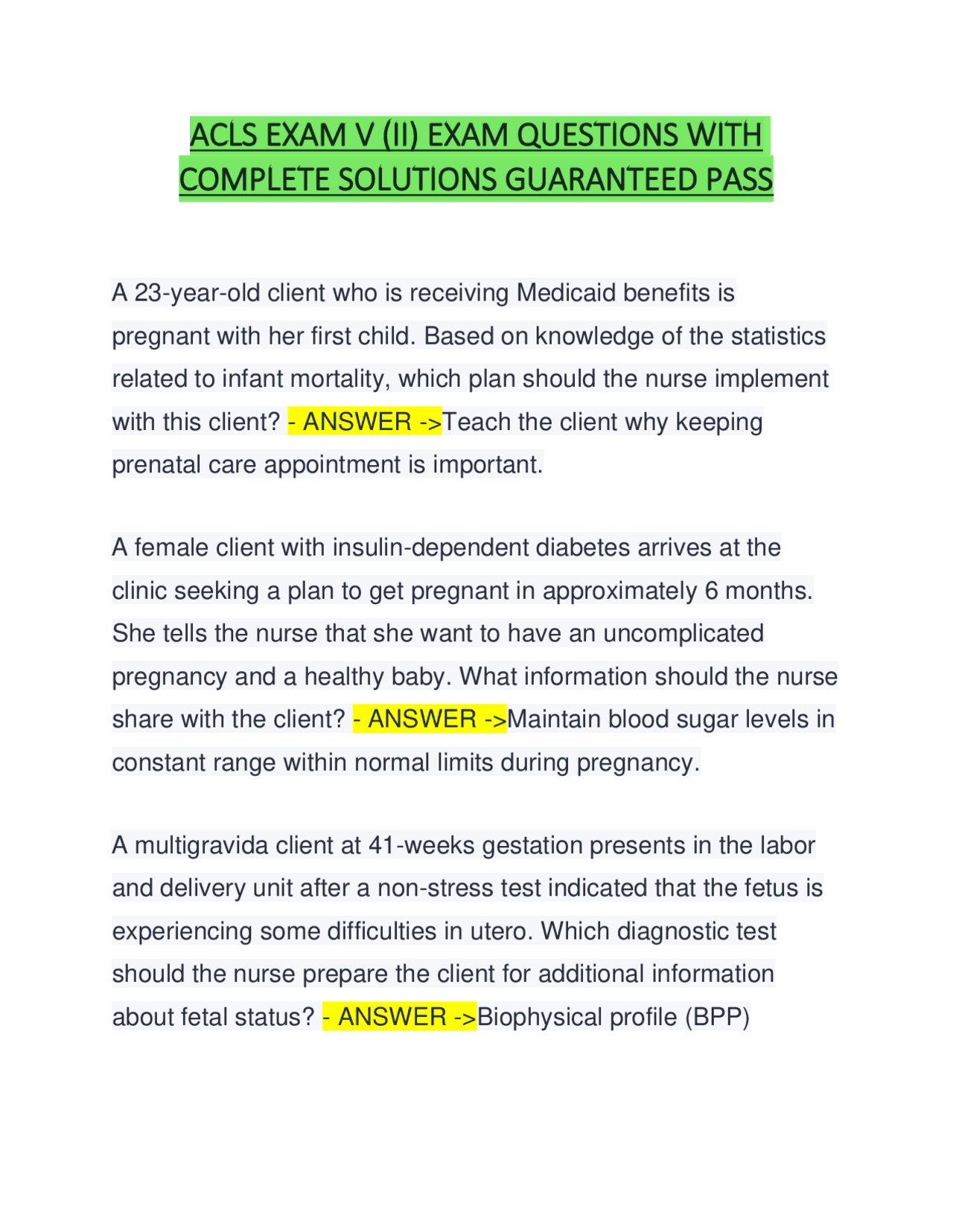 ACLS EXAM V (II) EXAM QUESTIONS WITH COMPLETE SOLUTIONS GUARANTEED PASS ...