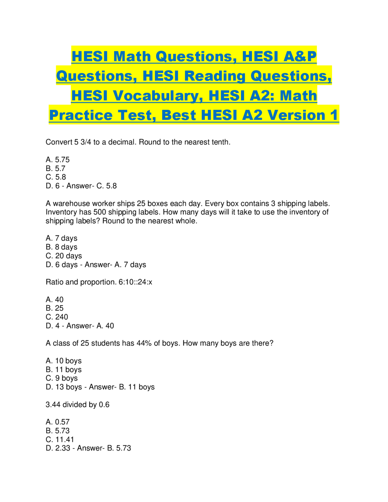 HESI Math Questions, HESI A&P Questions, HESI Reading Questions, HESI ...
