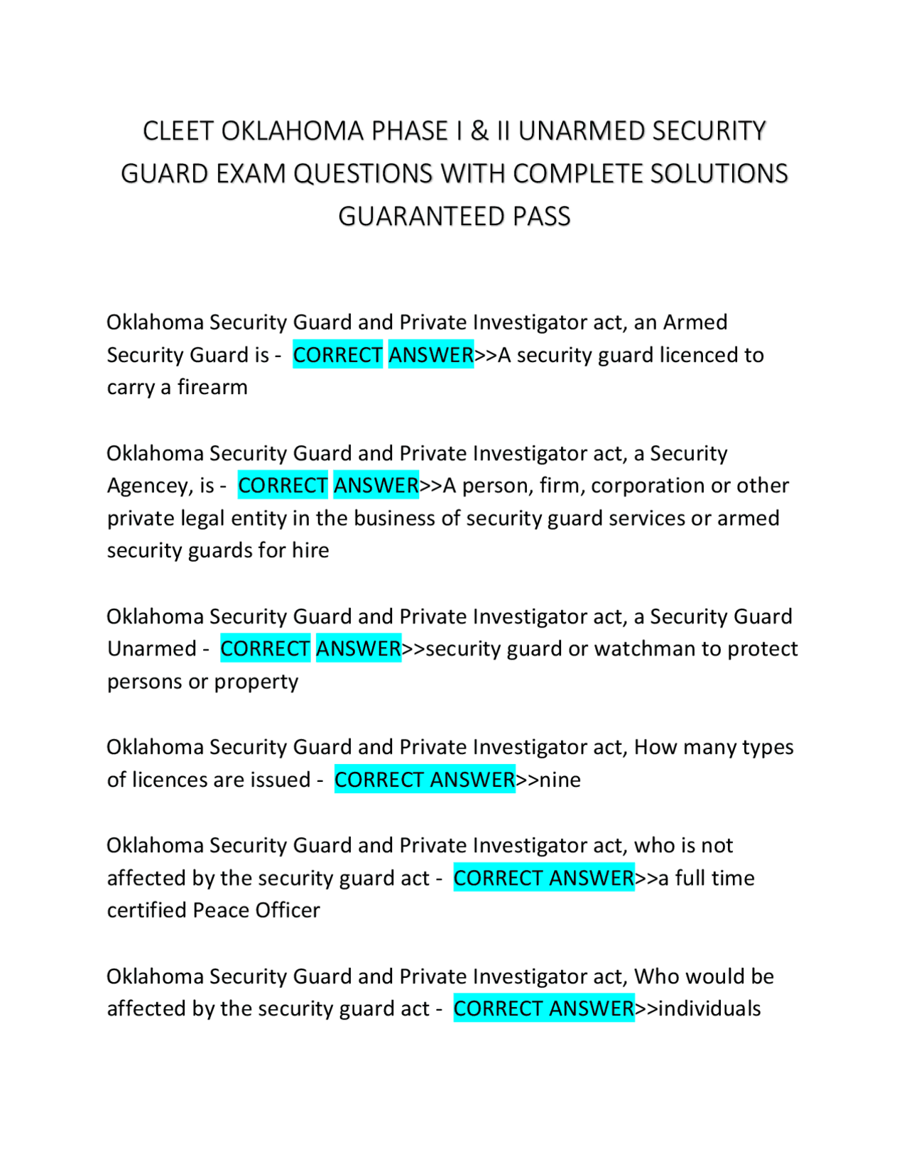 CLEET Oklahoma Security Guard Exam: Questions and Answers | Exams ...
