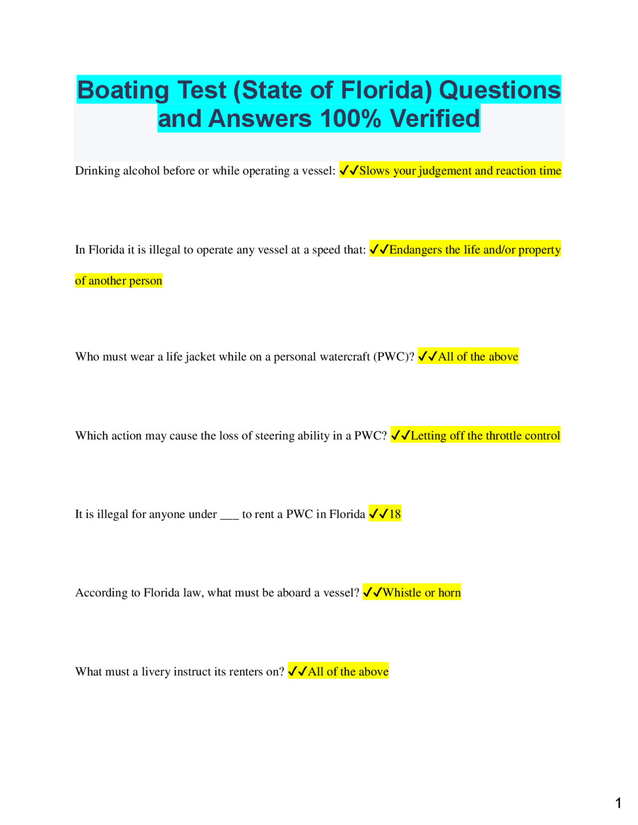 Boating Test (State of Florida) Questions and Answers % Verified ...