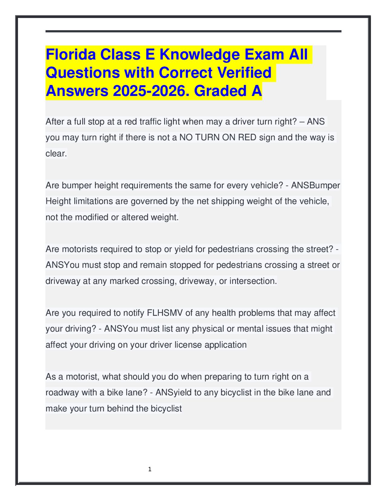 Florida Class E Knowledge Exam All Questions with Correct Answers ...