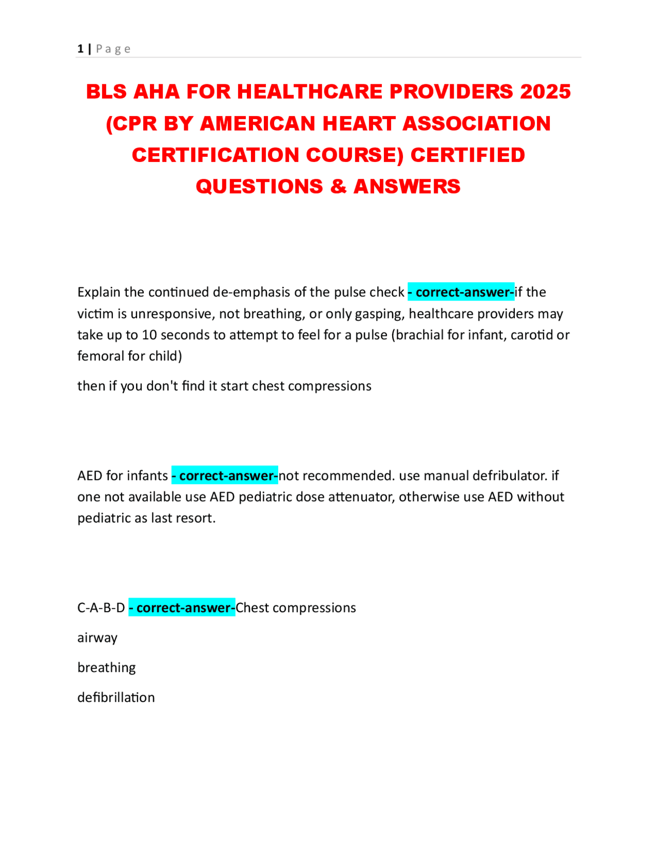 BLS AHA FOR HEALTHCARE PROVIDERS (CPR BY AMERICAN HEART ASSOCIATION ...