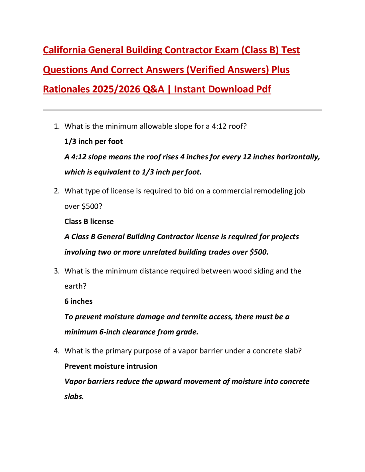 California General Building Contractor Exam (Class B) Test Questions ...