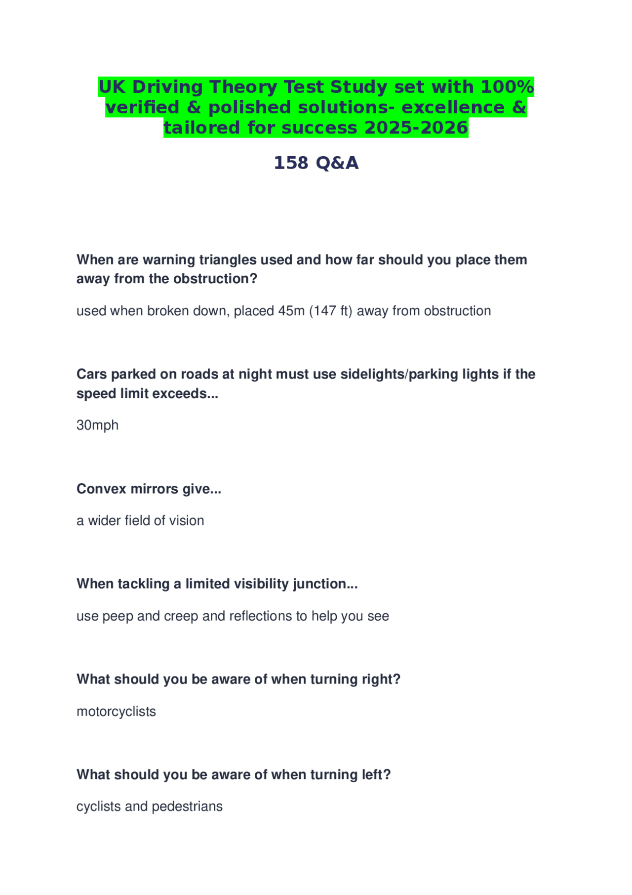 UK Driving Theory Test Study set with % verified & polished solutions ...