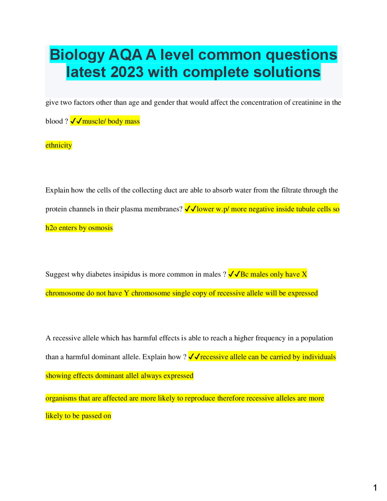 Biology AQA A level common questions latest with complete solutions ...