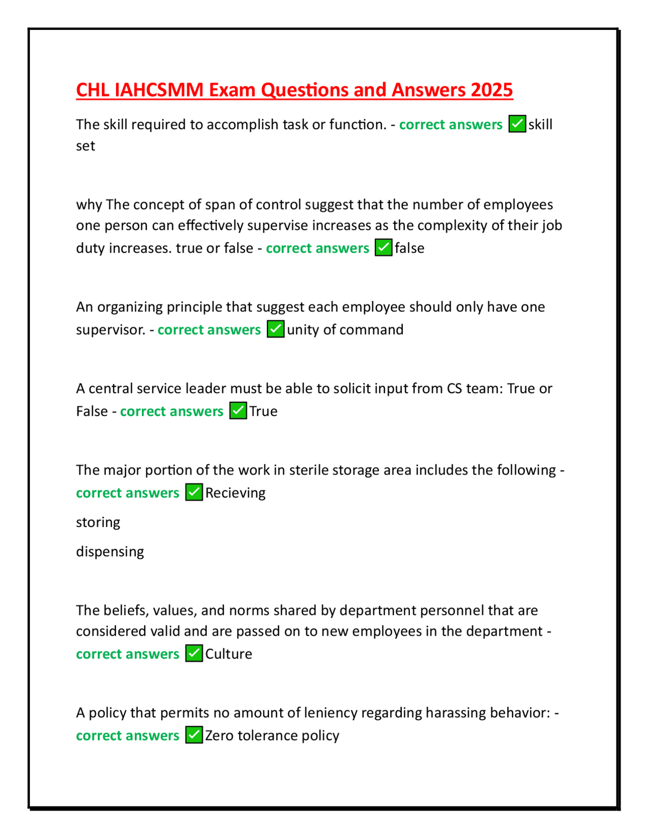 CHL IAHCSMM Exam Questions and Answers | Exams Nursing | Docsity