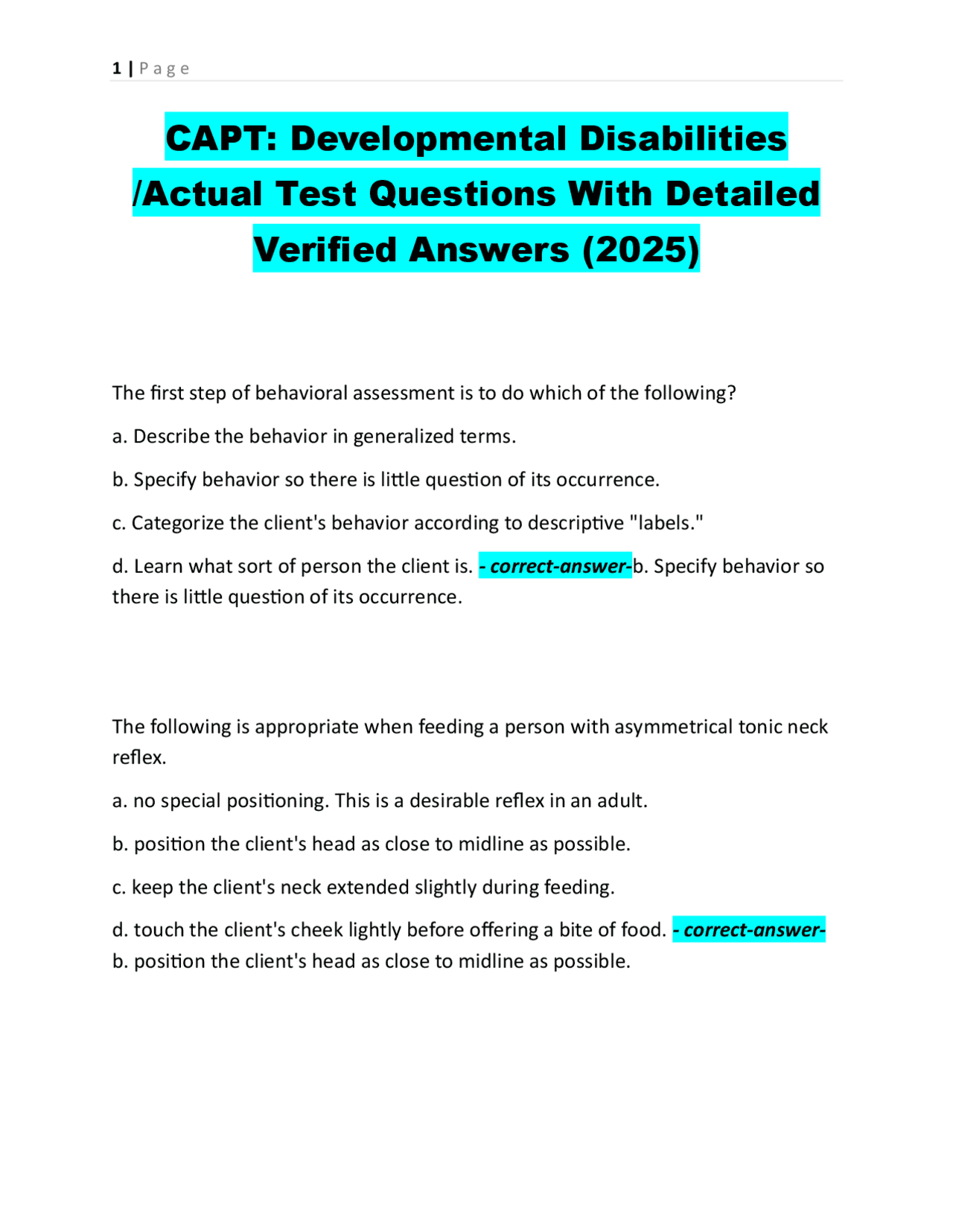 CAPT: Developmental Disabilities /Actual Test Questions With Detailed ...