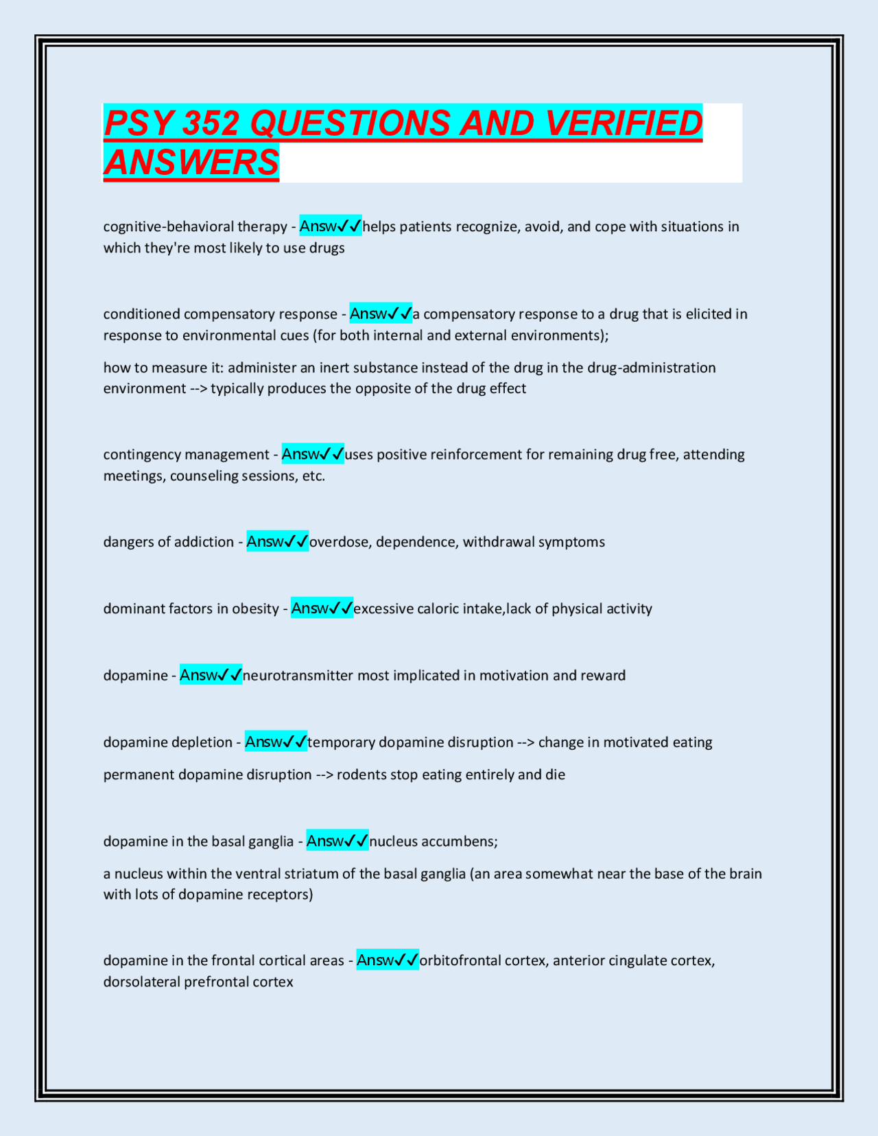 Cognitive-Behavioral Therapy and Addiction: Key Concepts and Treatments | Exams Nursing | Docsity