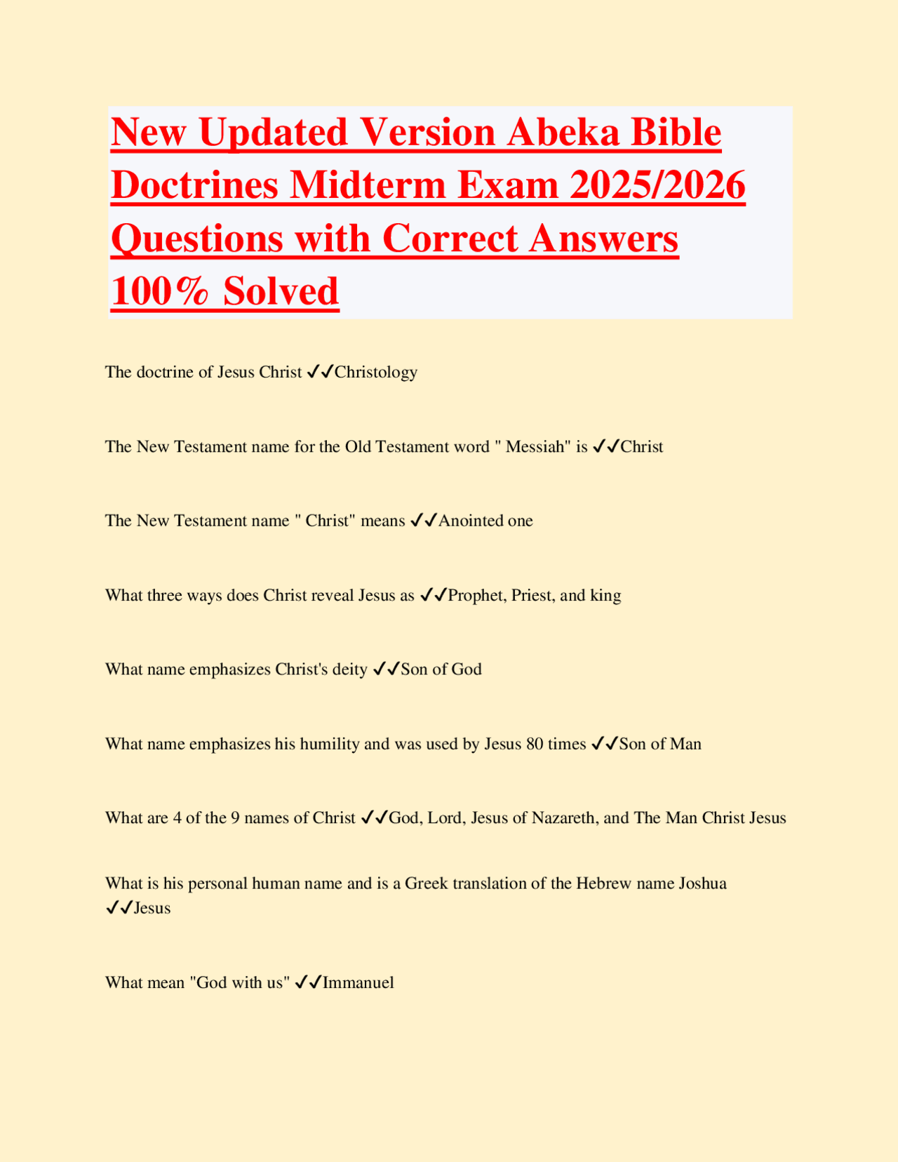 New Updated Version Abeka Bible Doctrines Midterm Exam / Questions with ...