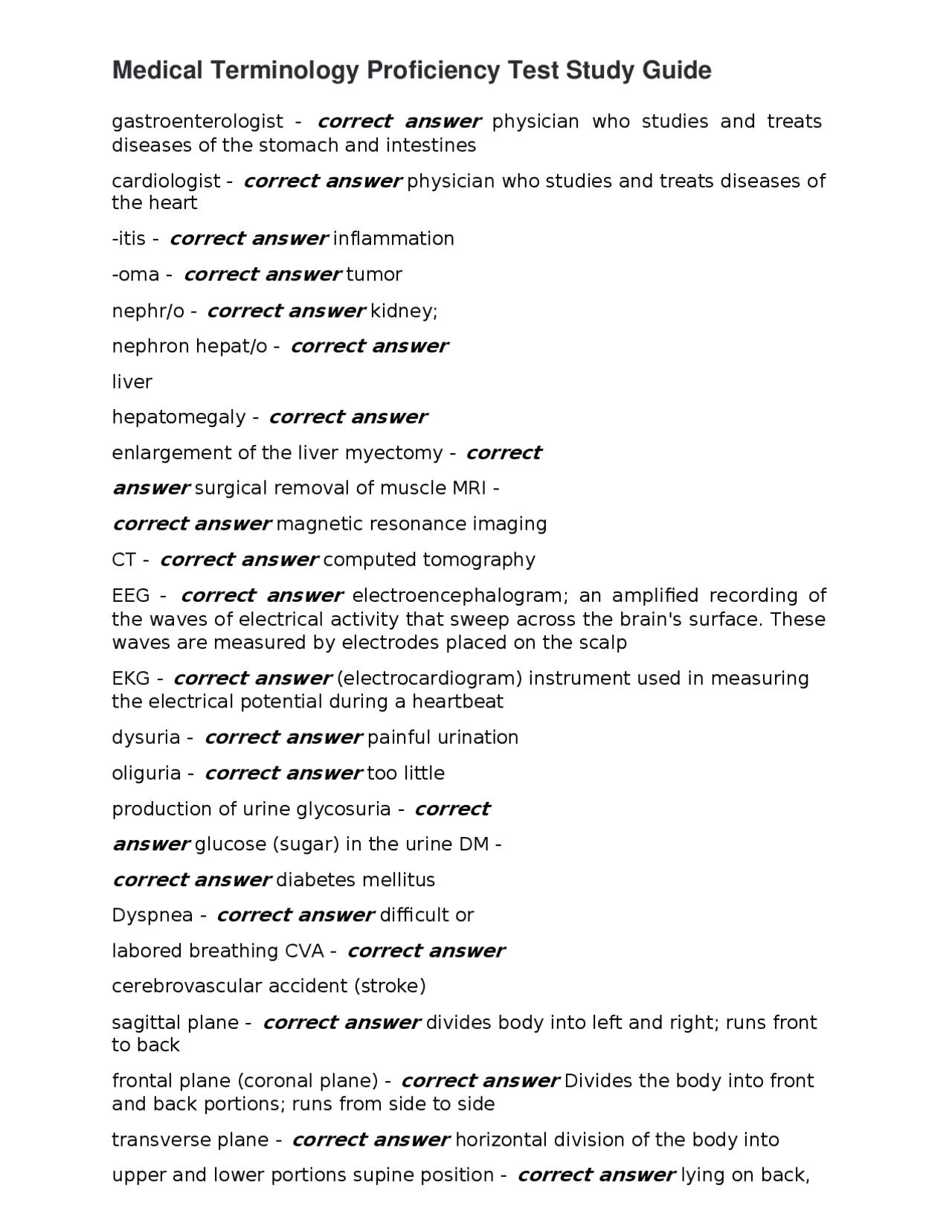 Medical Terminology Proficiency Test Study Guide | Exams Nursing | Docsity