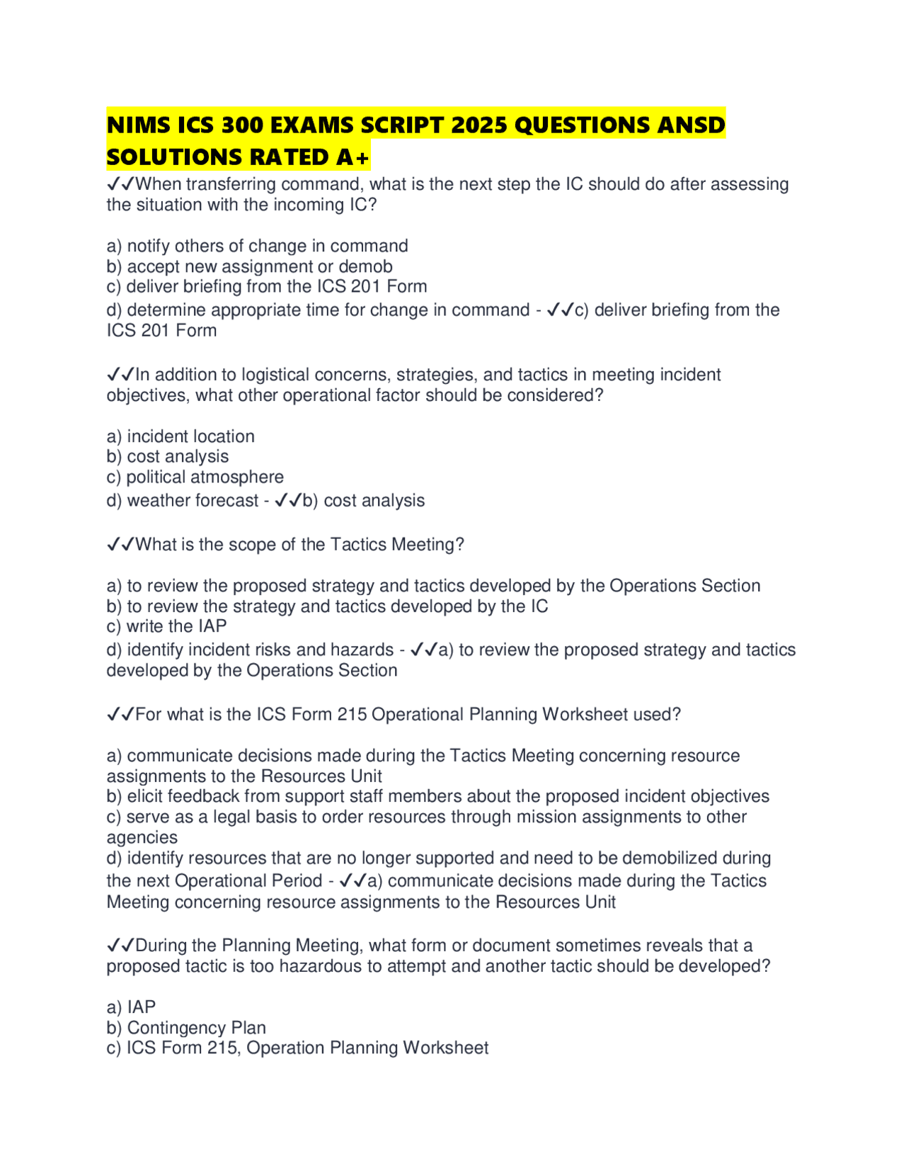 NIMS ICS EXAMS SCRIPT QUESTIONS ANSD SOLUTIONS RATED A+ | Exams Public ...