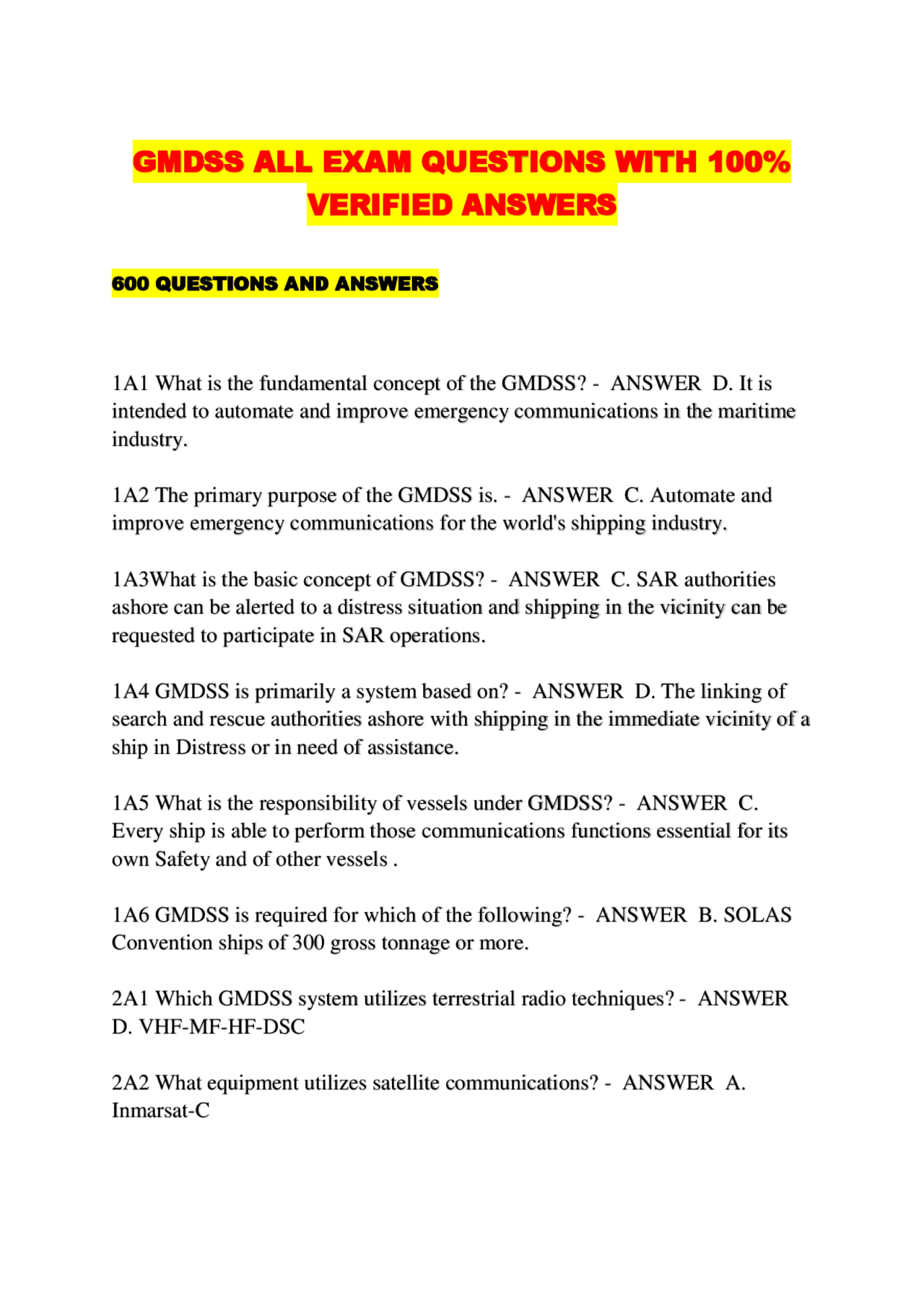 GMDSS ALL EXAM QUESTIONS WITH % VERIFIED ANSWERS | Exams Advanced ...