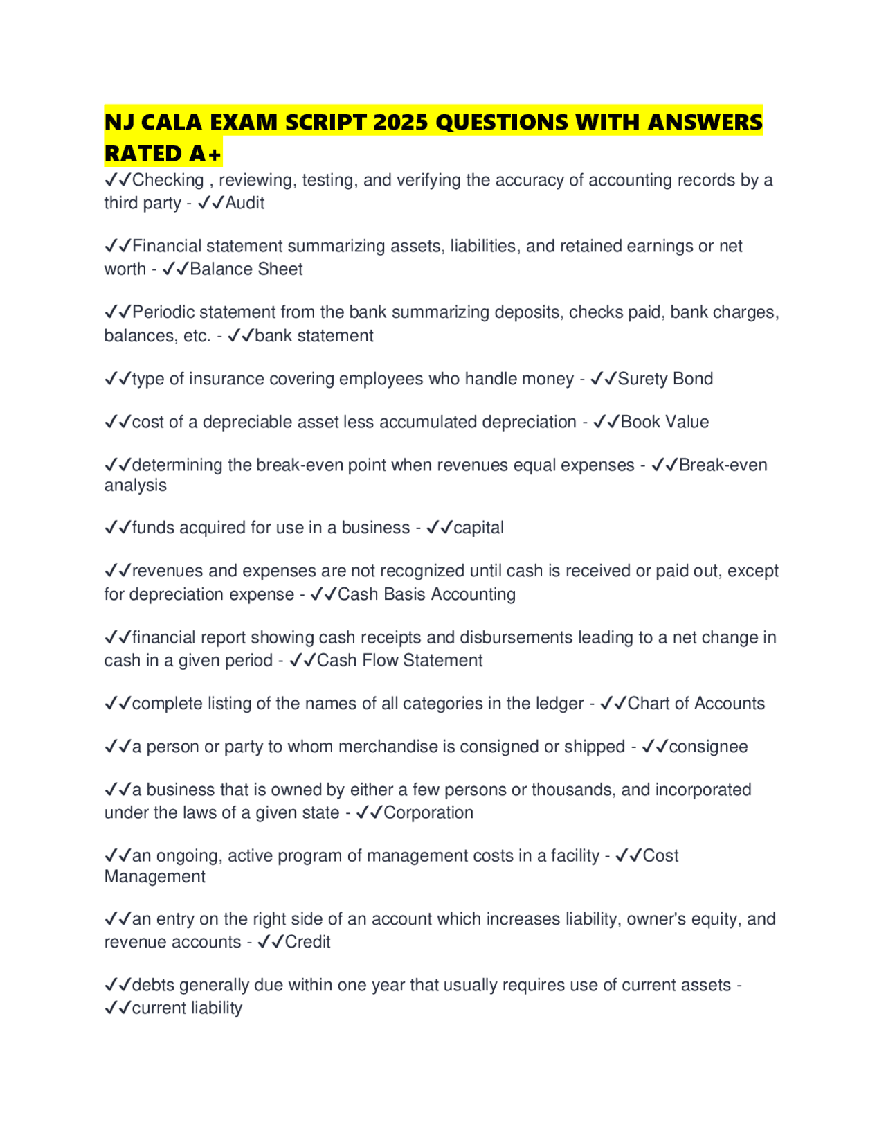 NJ CALA EXAM SCRIPT QUESTIONS WITH ANSWERS RATED A+ | Exams Nursing ...