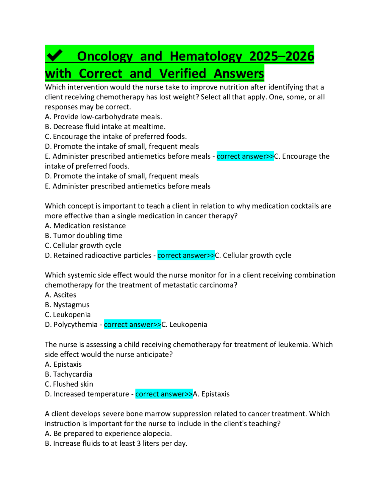 Oncology and Hematology Practice Questions with Verified Answers ...