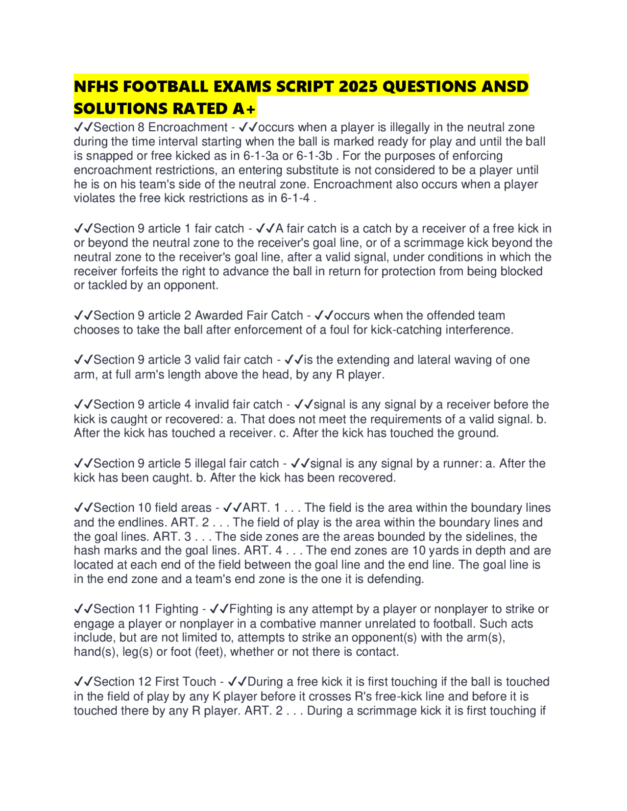 NFHS FOOTBALL EXAMS SCRIPT QUESTIONS ANSD SOLUTIONS RATED A+ | Exams ...