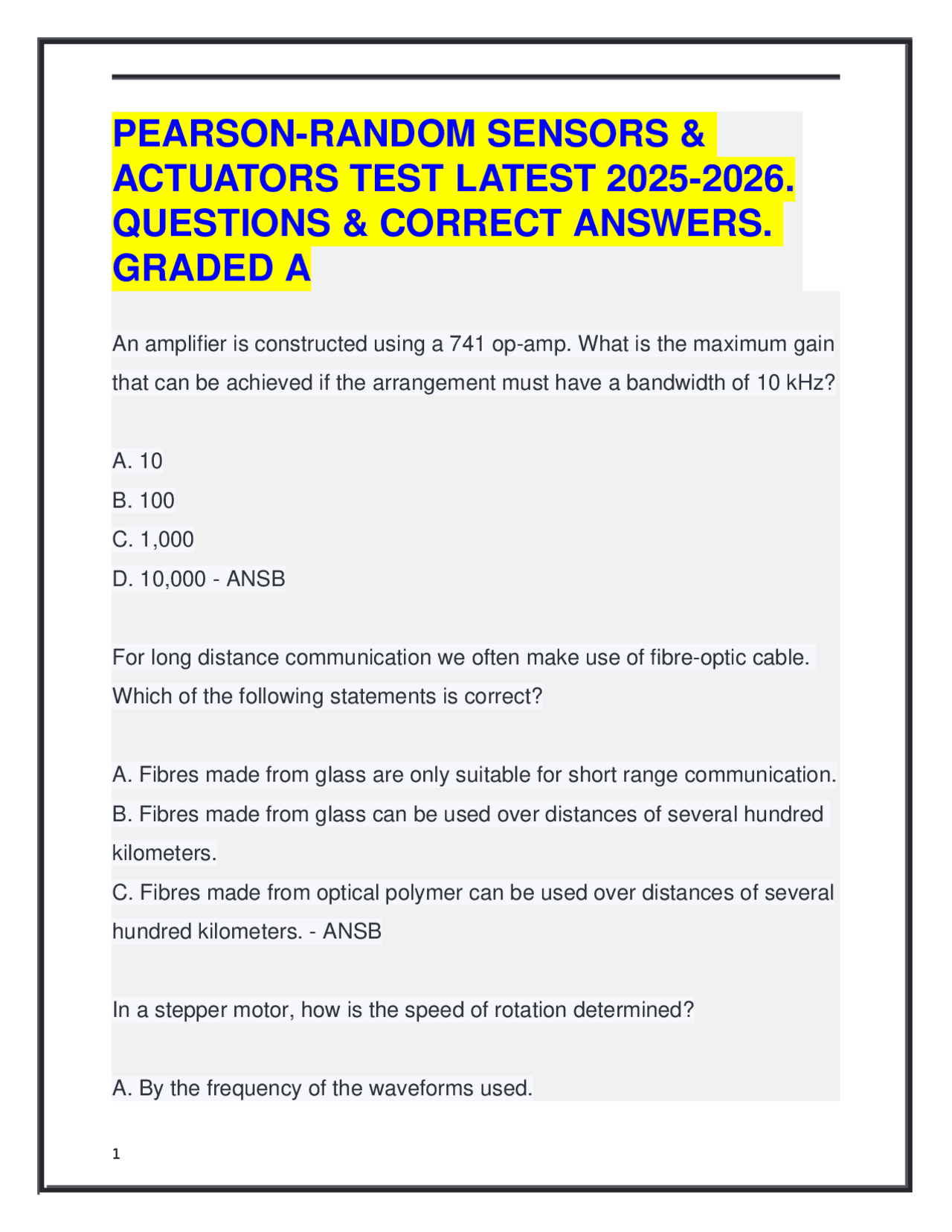 PEARSON-RANDOM SENSORS & ACTUATORS TEST LATEST - . QUESTIONS & ANSWERS ...