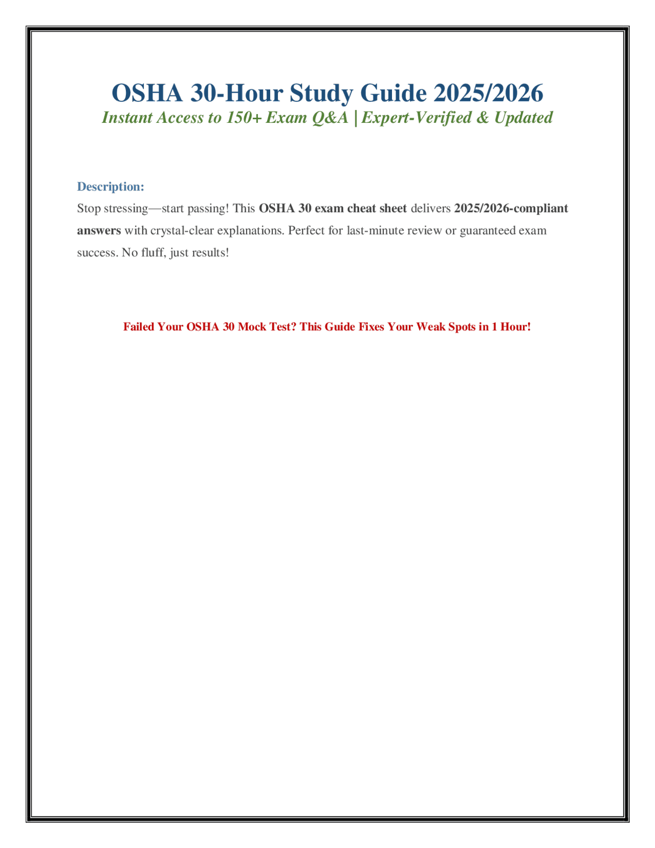 OSHA 30 Exam Answers 2025/2026 – Complete Study Guide (Verified ...