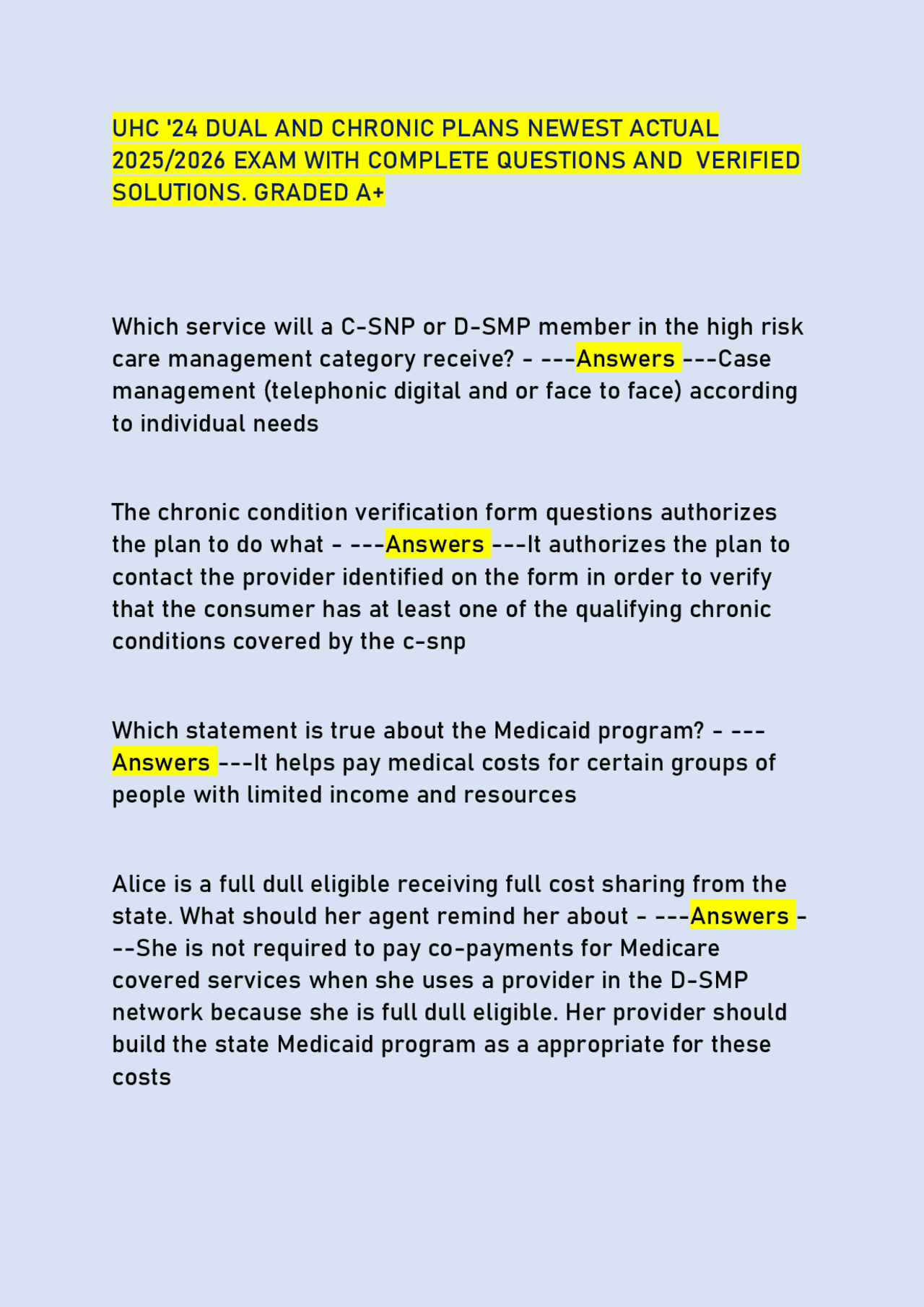 UHC Dual and Chronic Plans Exam Q&A 2025/2026 | Exams Nursing | Docsity