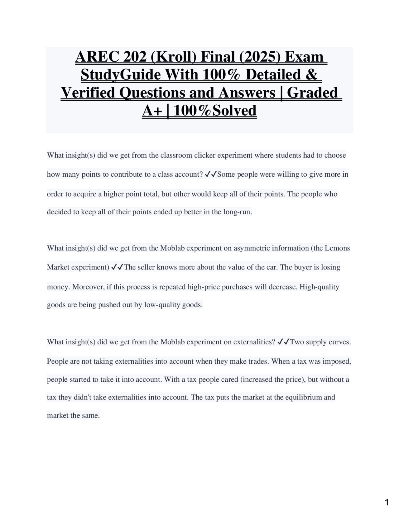 AREC 202 (Kroll) Final (2025) Exam Study Guide With 100% Detailed ...