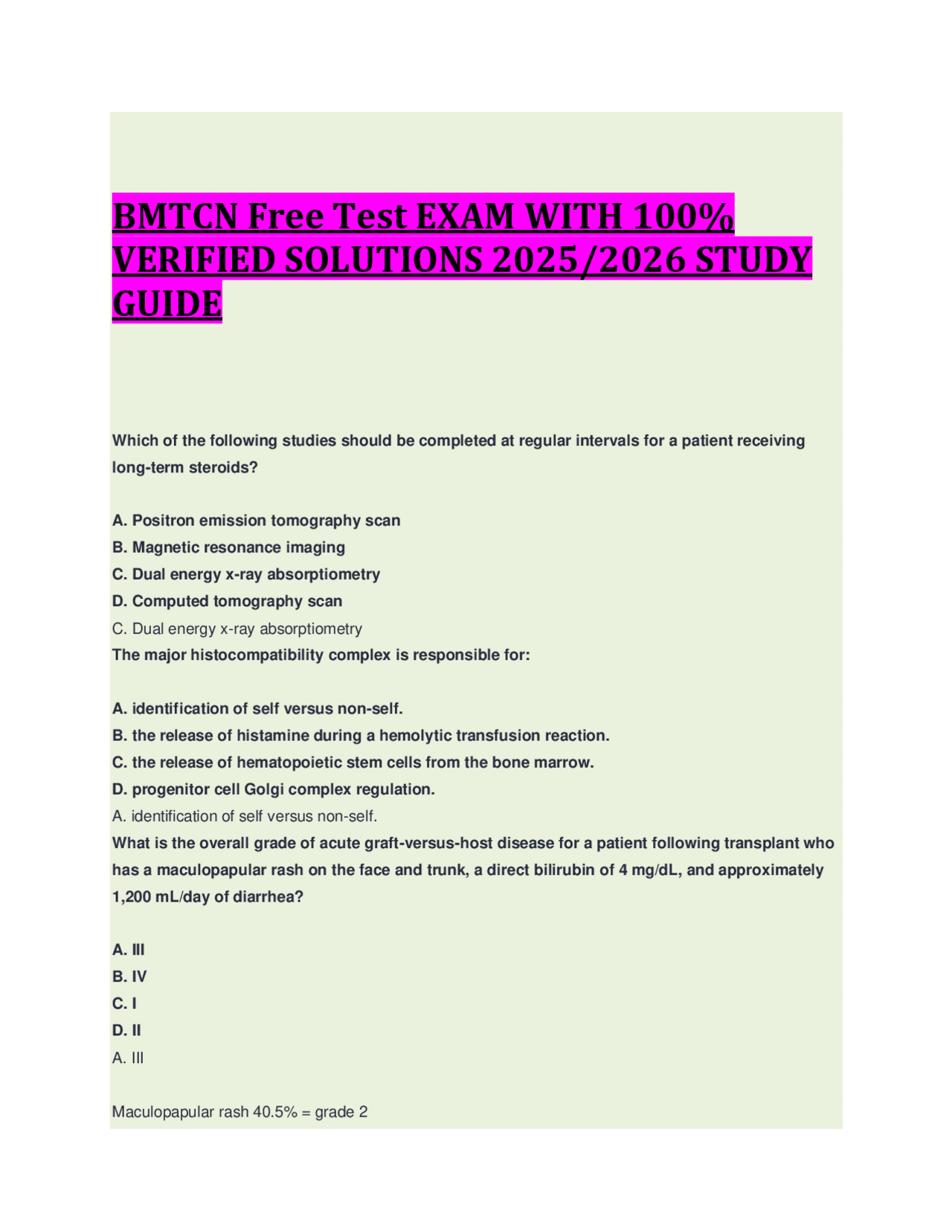 BMTCN Free Test EXAM WITH % VERIFIED SOLUTIONS / STUDY GUIDE | Exams ...