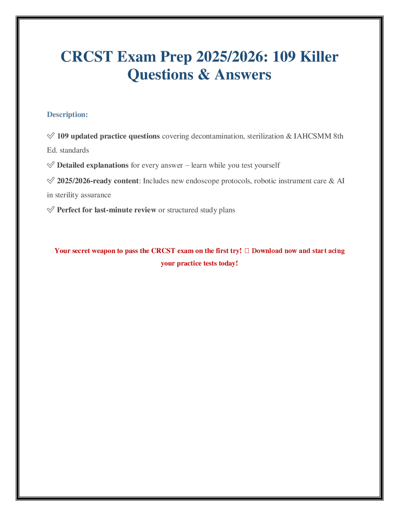 CRCST Certification Exam 2025/2026: 100 Practice Questions & Answers ...