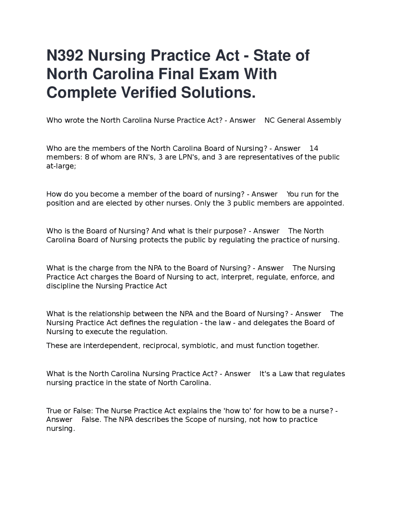 NC Nursing Practice Act Exam Prep: Verified Q&A for Nurses | Exams ...
