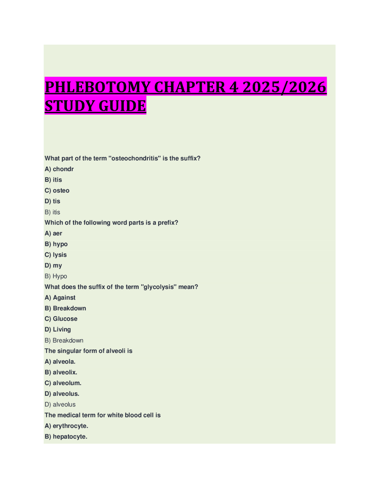 PHLEBOTOMY CHAPTER 4 2025/2026 STUDY GUIDE | Exams Health sciences ...