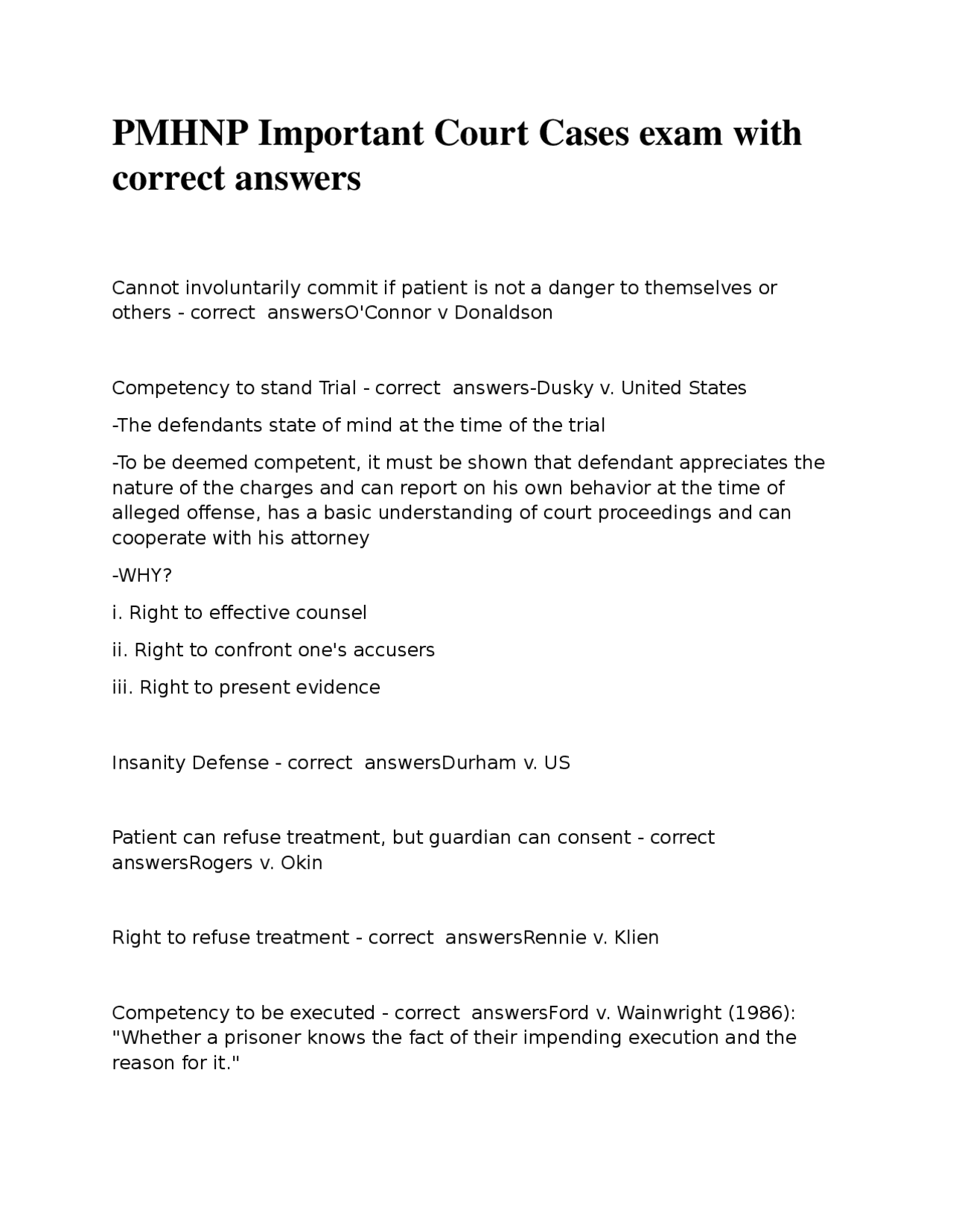 PMHNP Important Court Cases exam with correct answers. | Exams Nursing ...