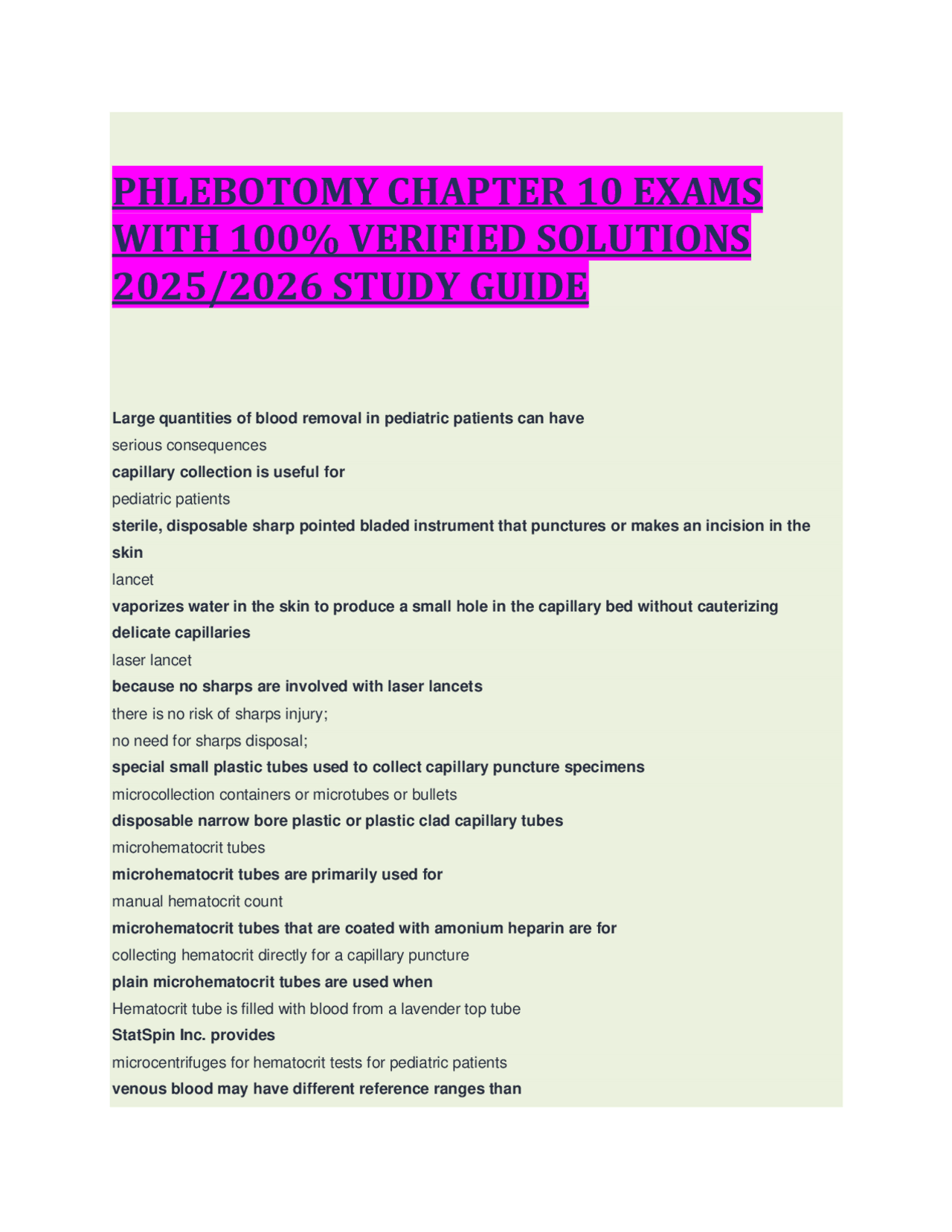 PHLEBOTOMY CHAPTER 10 EXAMS WITH 100% VERIFIED SOLUTIONS 2025/2026 ...