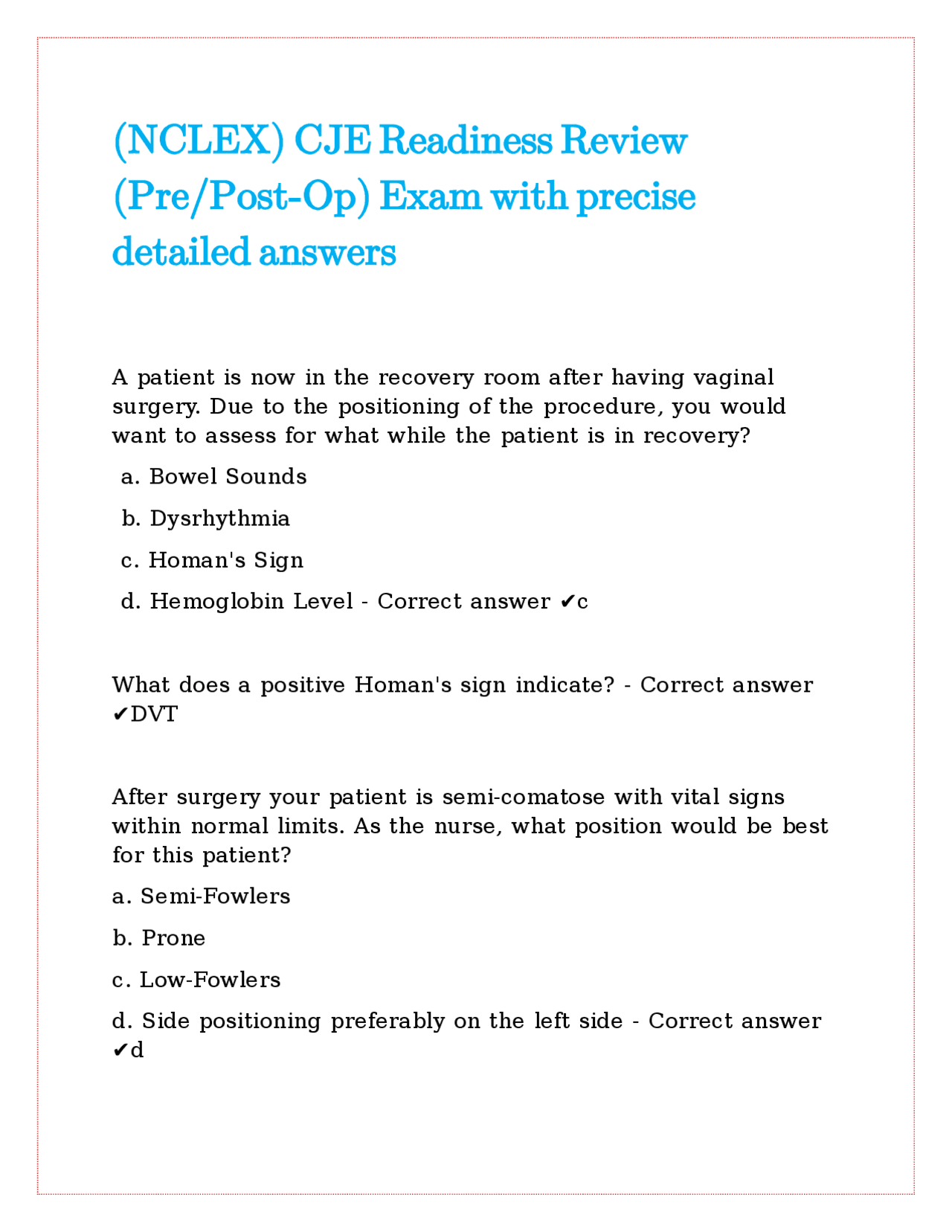 NCLEX Readiness: Post-Operative Care Exam with Detailed Answers | Exams ...