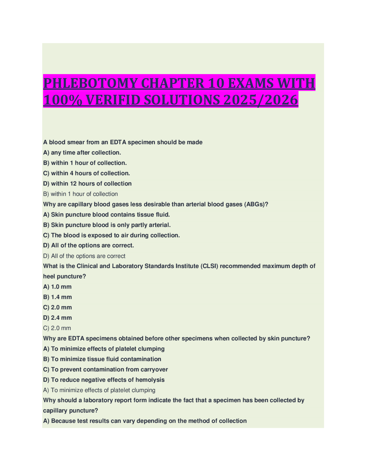 PHLEBOTOMY CHAPTER 10 EXAMS WITH 100% VERIFID SOLUTIONS 2025/2026 ...