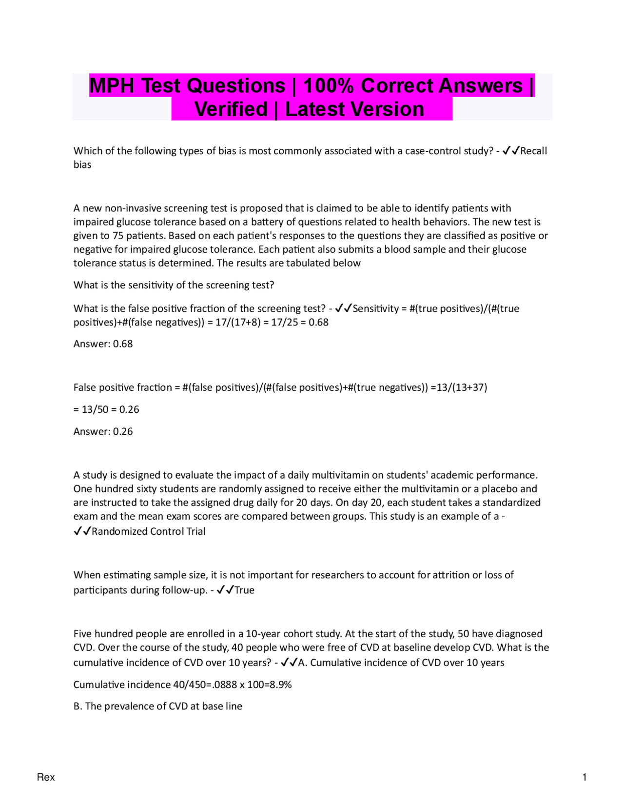 MPH Exam Questions and Answers: Epidemiology and Biostatistics | Exams Epidemiology | Docsity