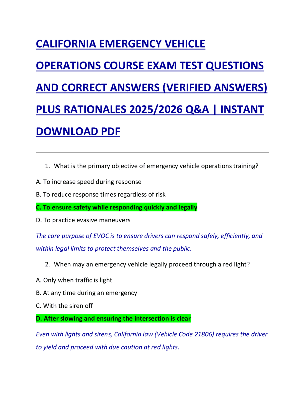 CALIFORNIA EMERGENCY VEHICLE OPERATIONS COURSE EXAM TEST QUESTIONS AND ...