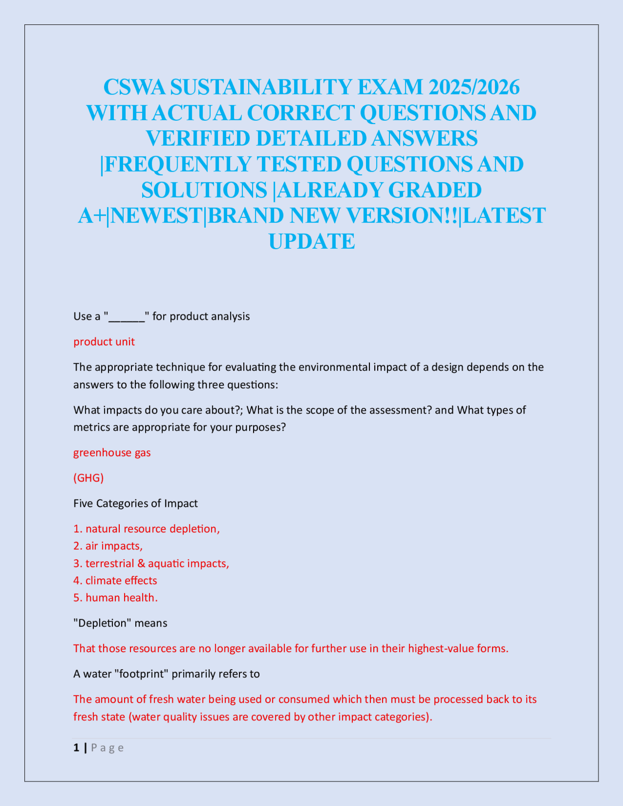 CSWA SUSTAINABILITY EXAM 2025/2026 | Exams Systems Design | Docsity