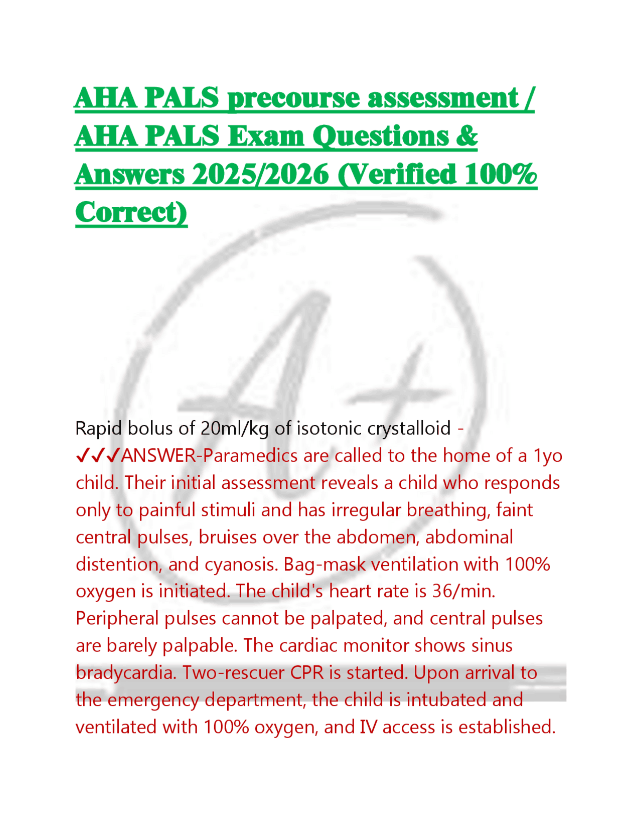 AHA PALS precourse assessment / AHA PALS Exam Questions & Answers 2025/ ...